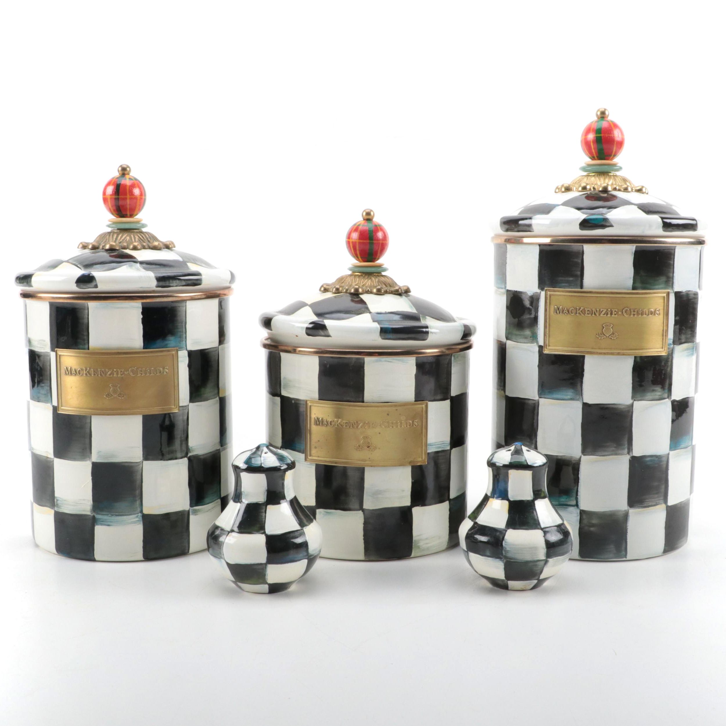 MacKenzie-Childs "Courtly Check" Enamel Canisters with Salt and Pepper ...