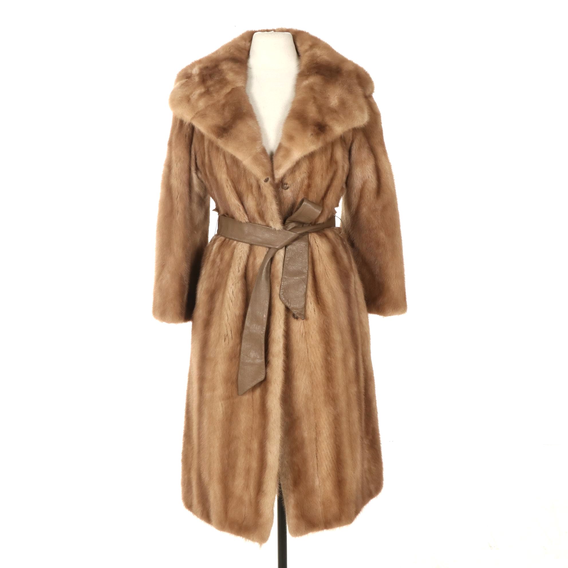 EMBA Autumn Haze Mink Fur Coat with Taupe Leather Tie Belt | EBTH