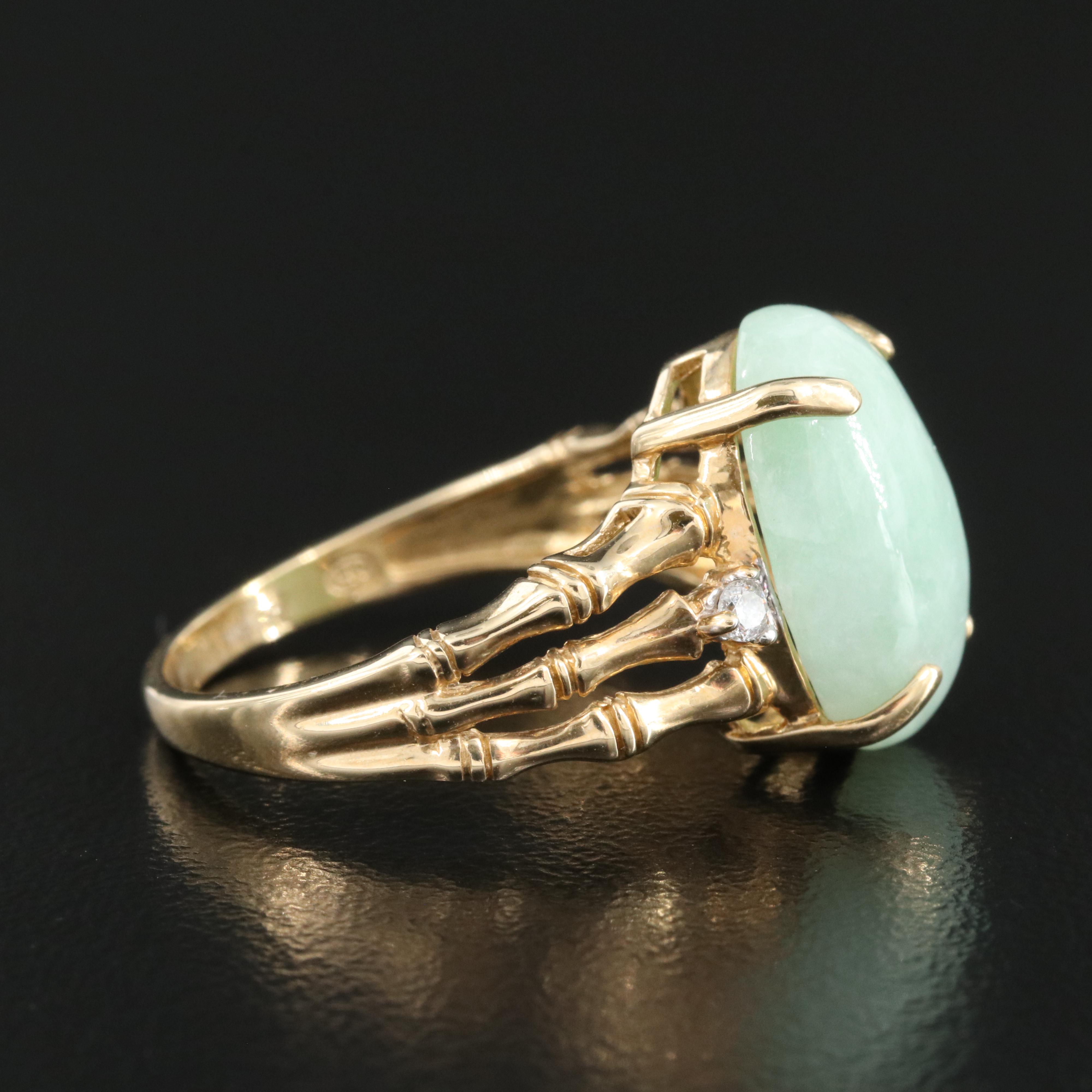 10K Jadeite and Diamond Bamboo Style Ring | EBTH