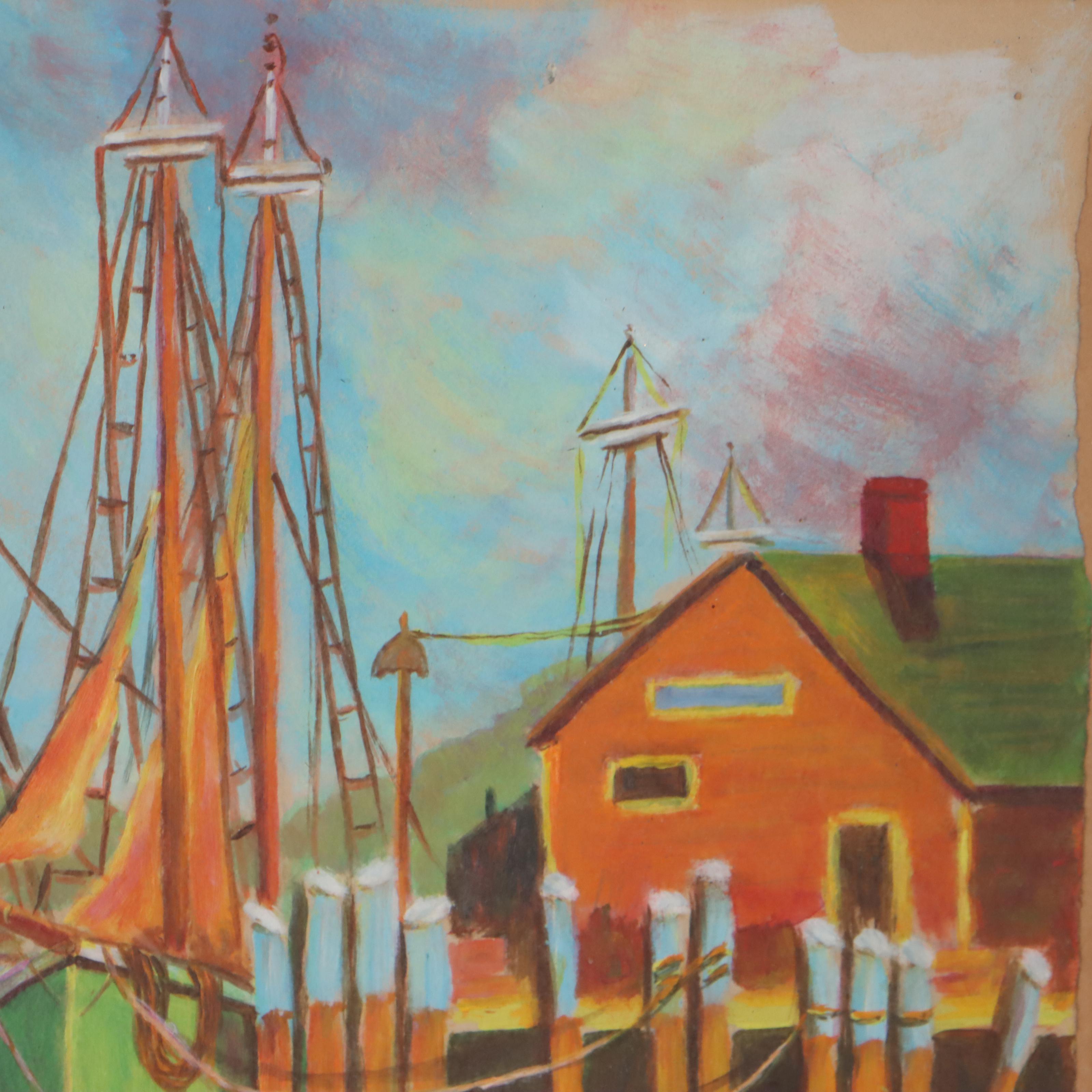 Watercolor Painting of Harbor Scene | EBTH