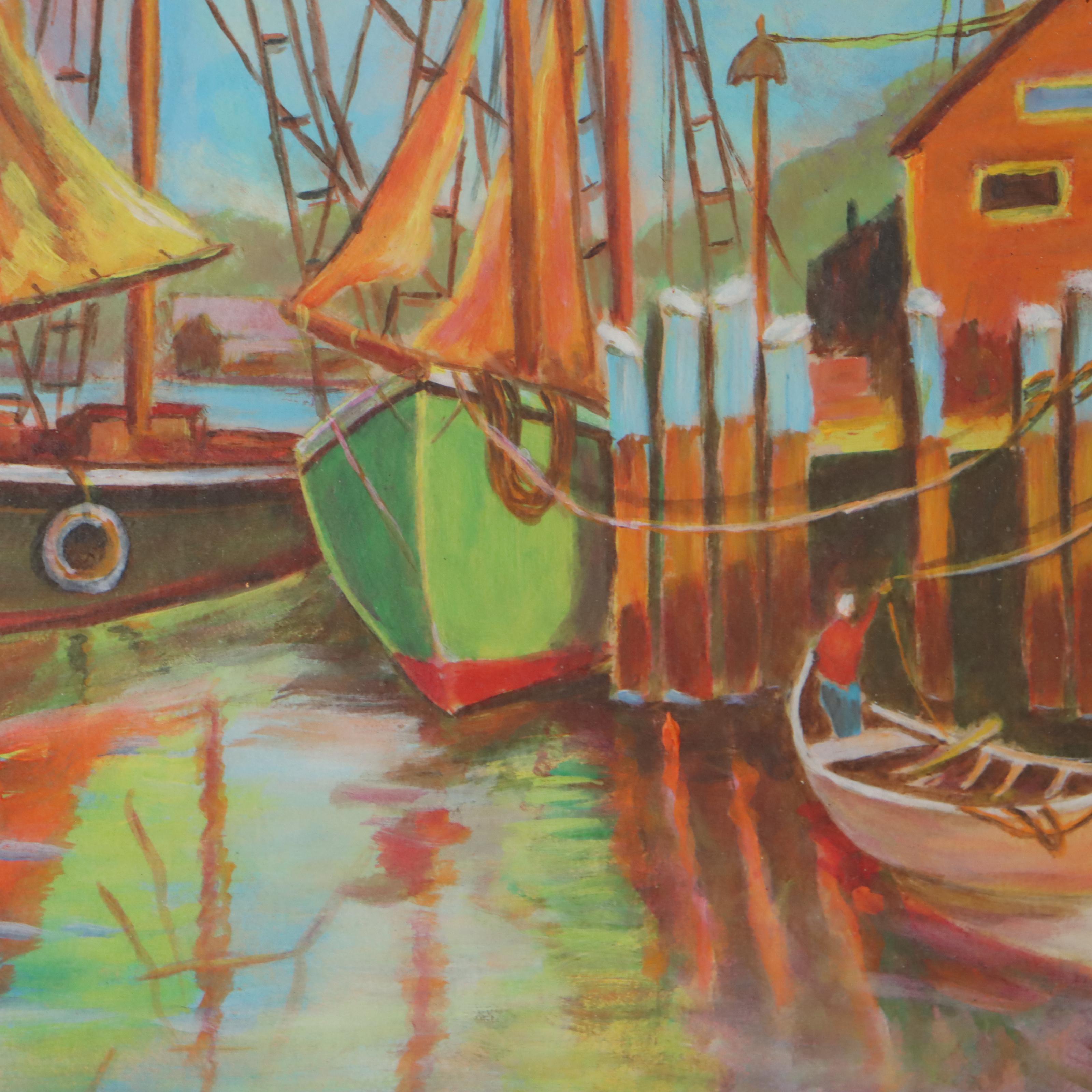 Watercolor Painting of Harbor Scene | EBTH