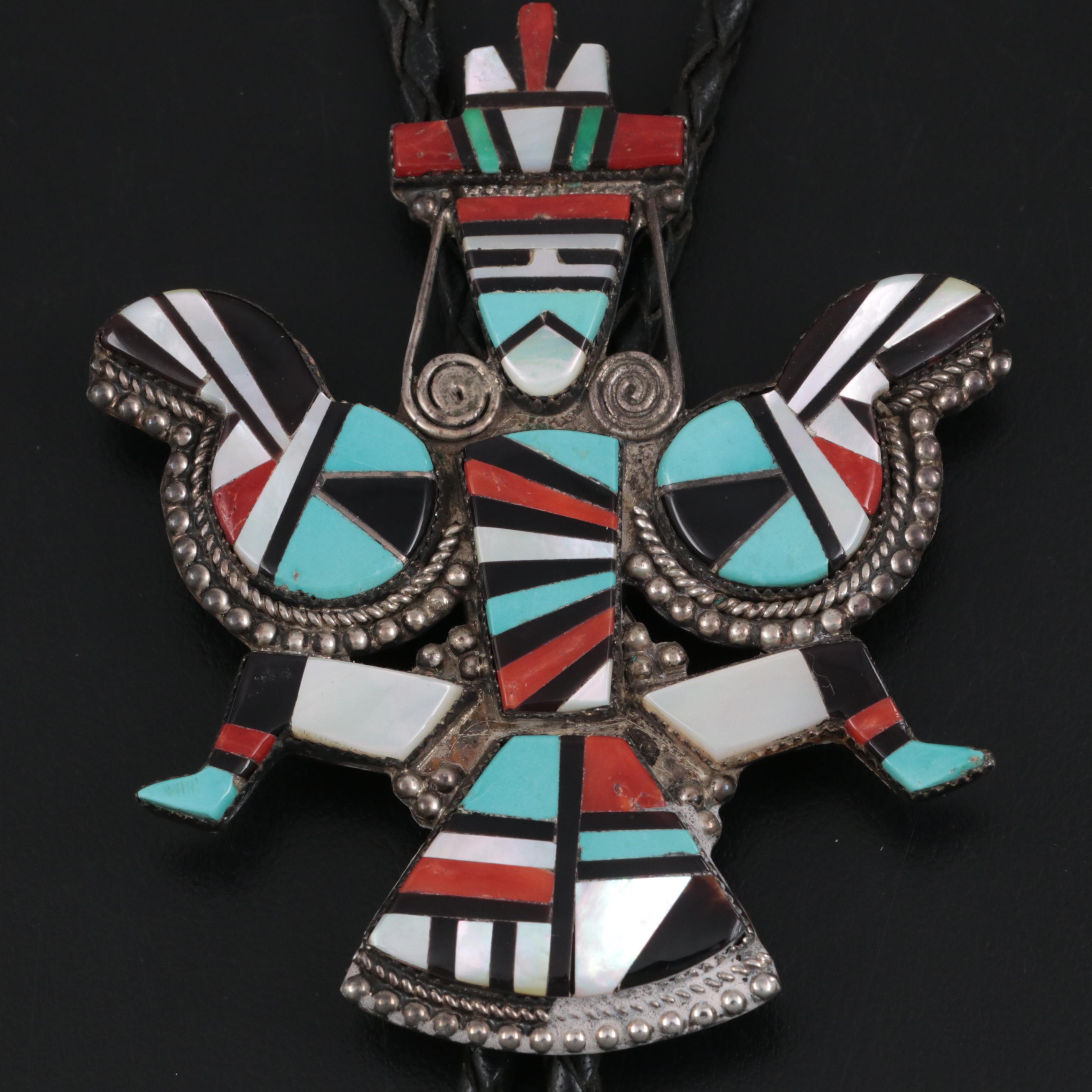 Herbert and Ester Cellicion Zuni Sterling Silver and Inlaid Bolo Tie ...