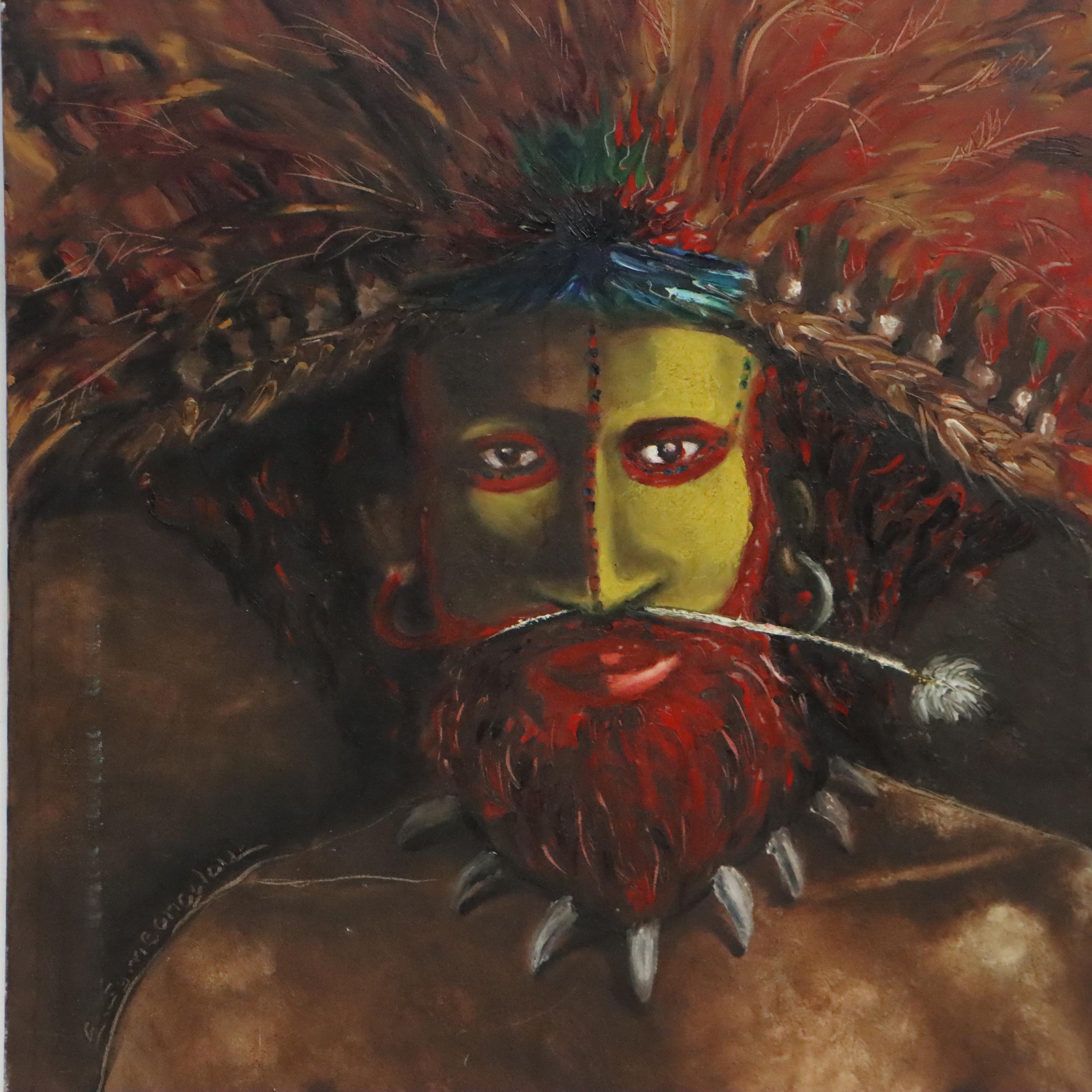 Portrait Oil Painting of a Huli Wigman Man, Circa 2000 | EBTH
