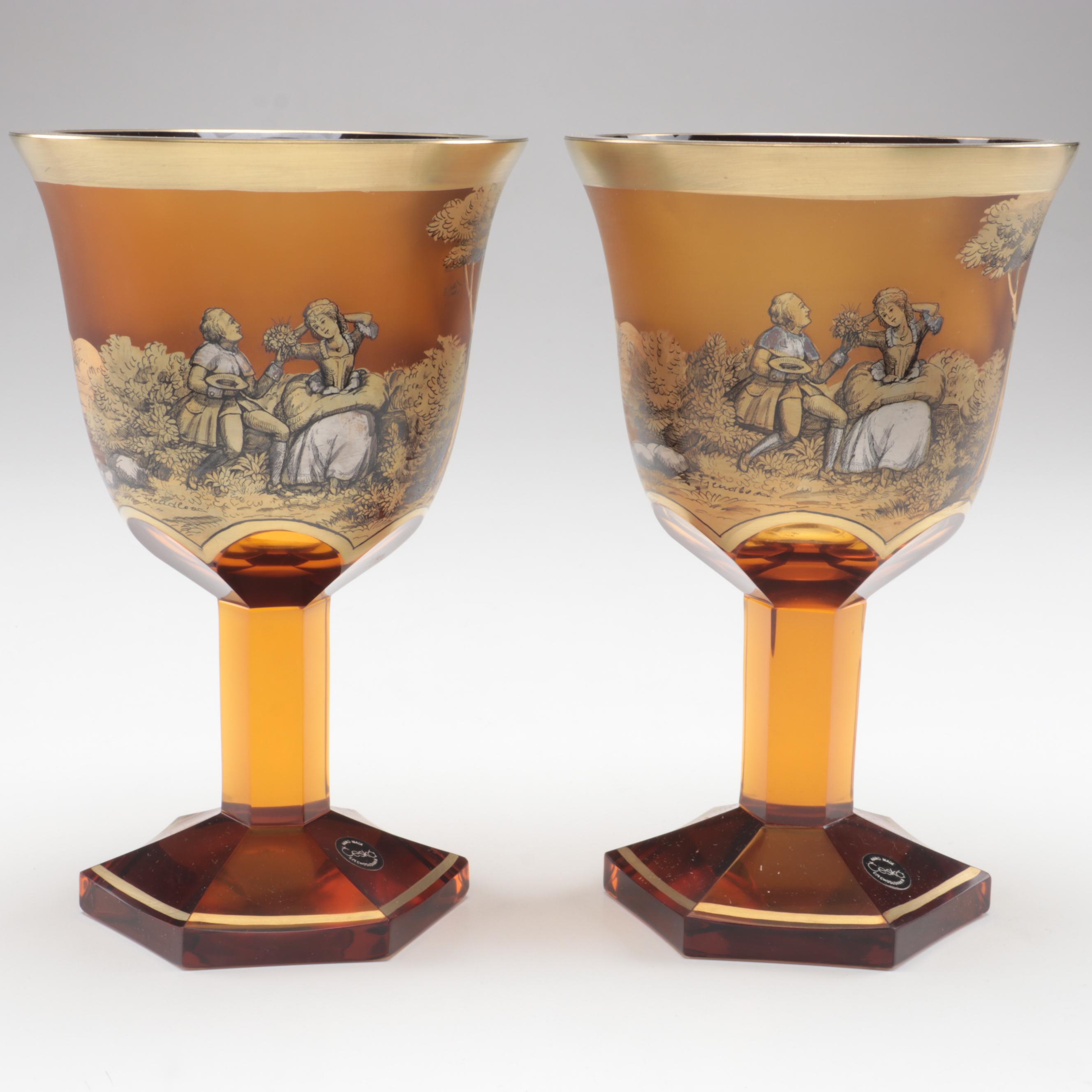 Crystalex Borocrystal Gilt and Hand-Painted Amber Art Glass Chalices ...