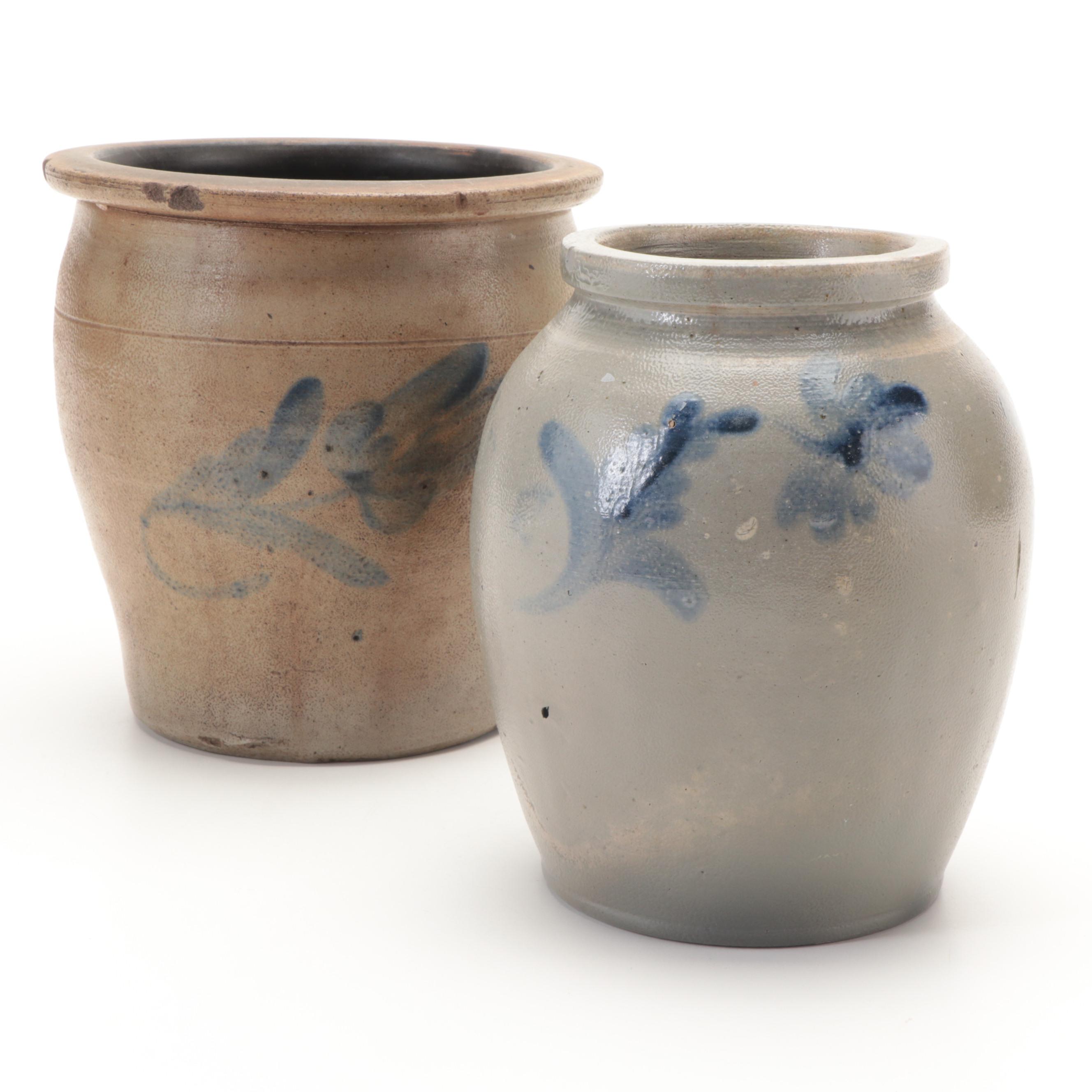 American Hand-Painted Salt Glazed Stoneware Crocks, 19th Century | EBTH