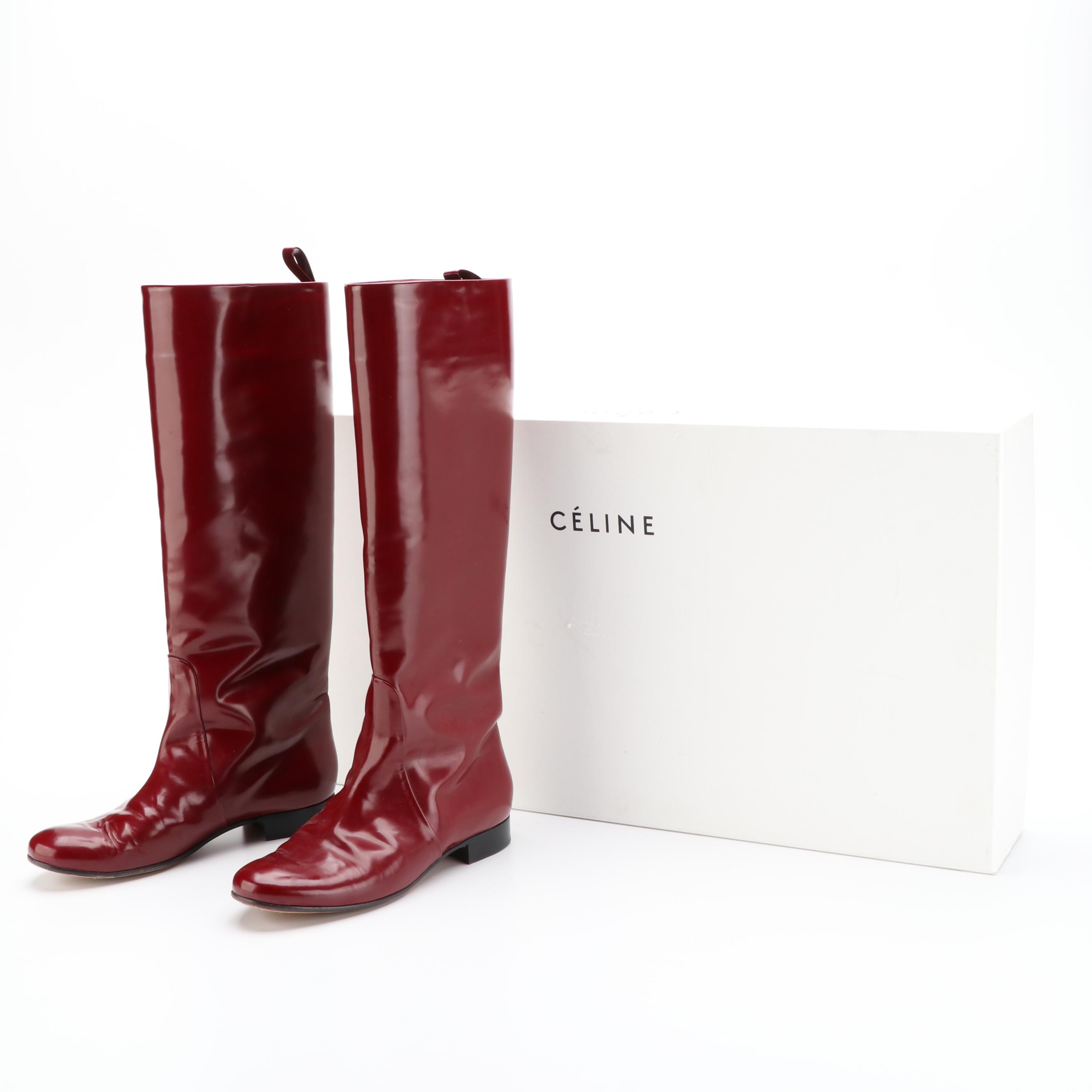 Céline Riding Boots in Oxblood Patent Leather with Box | EBTH