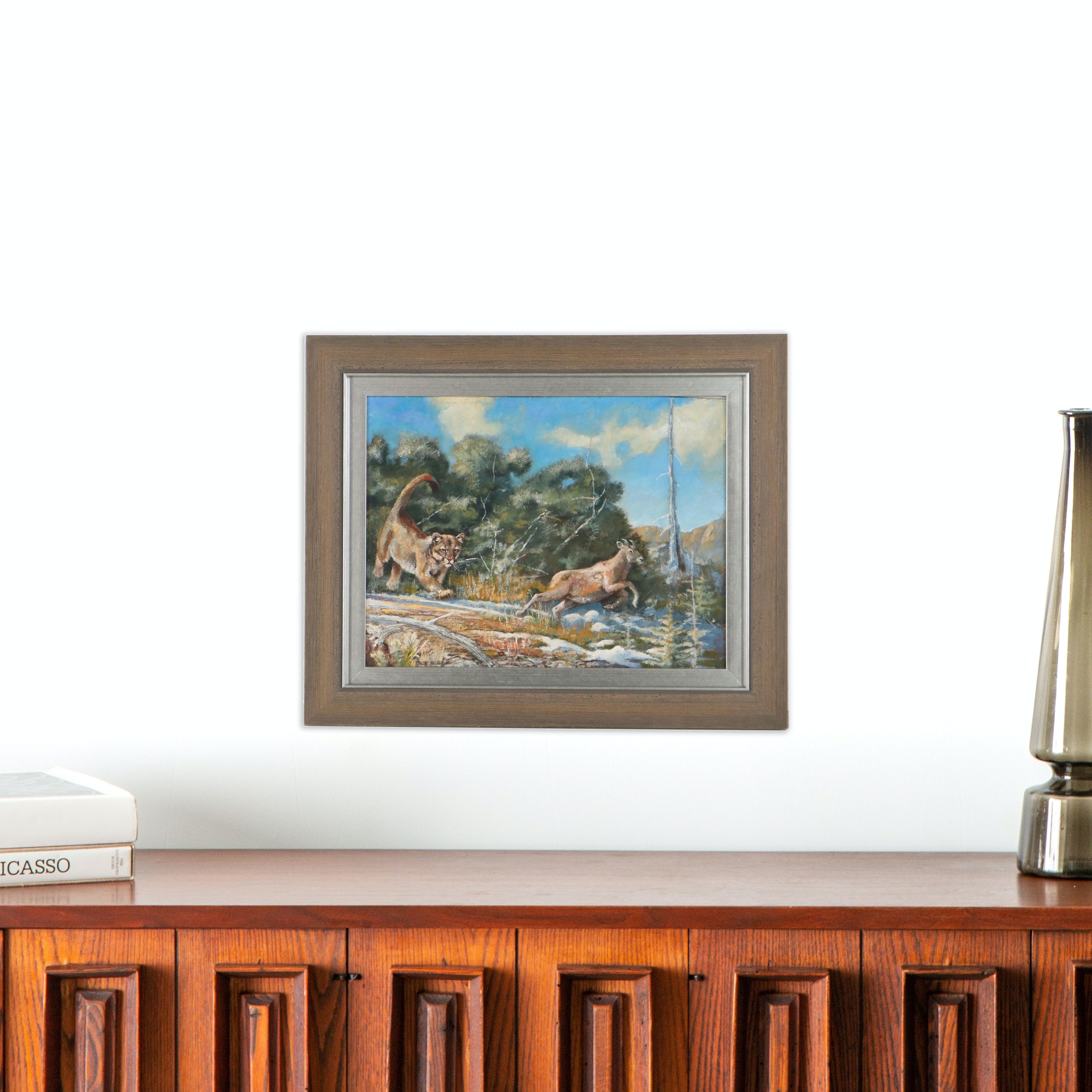 Bob Kuhn Wildlife Oil Painting of Mountain Lion Chasing Sheep, Late ...