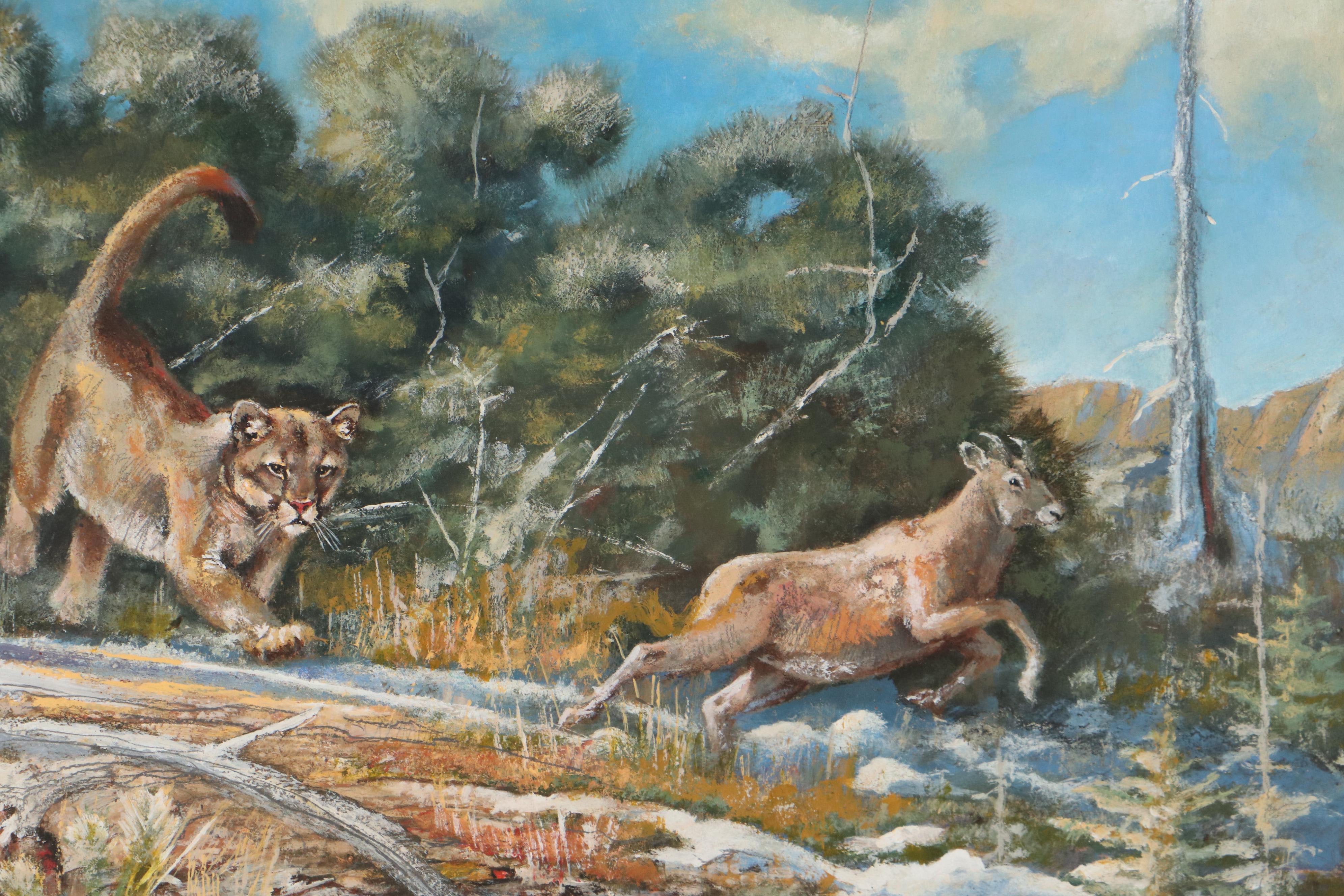 Bob Kuhn Wildlife Oil Painting of Mountain Lion Chasing Sheep, Late ...