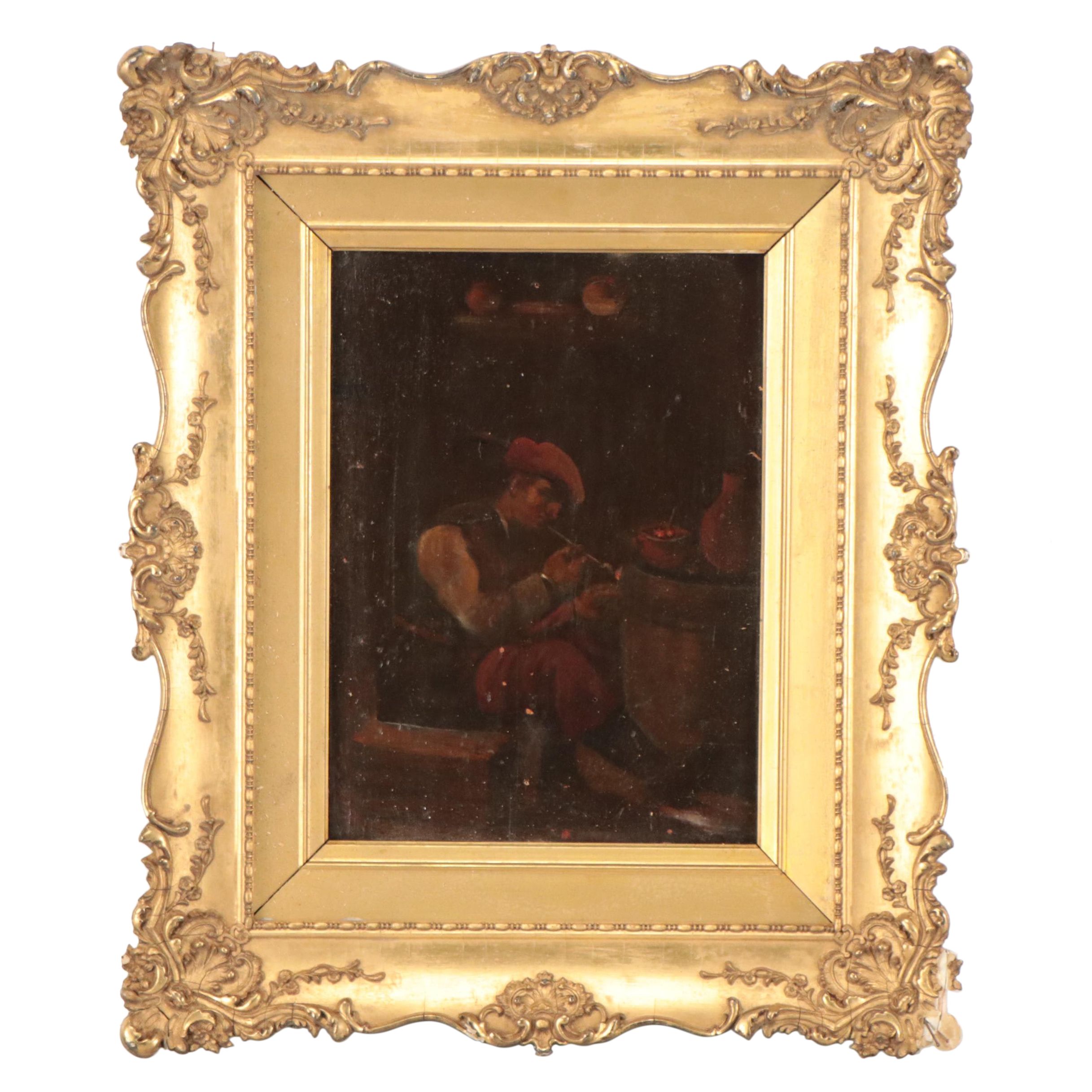 Genre Scene Oil Painting of Man Lighting Pipe | EBTH