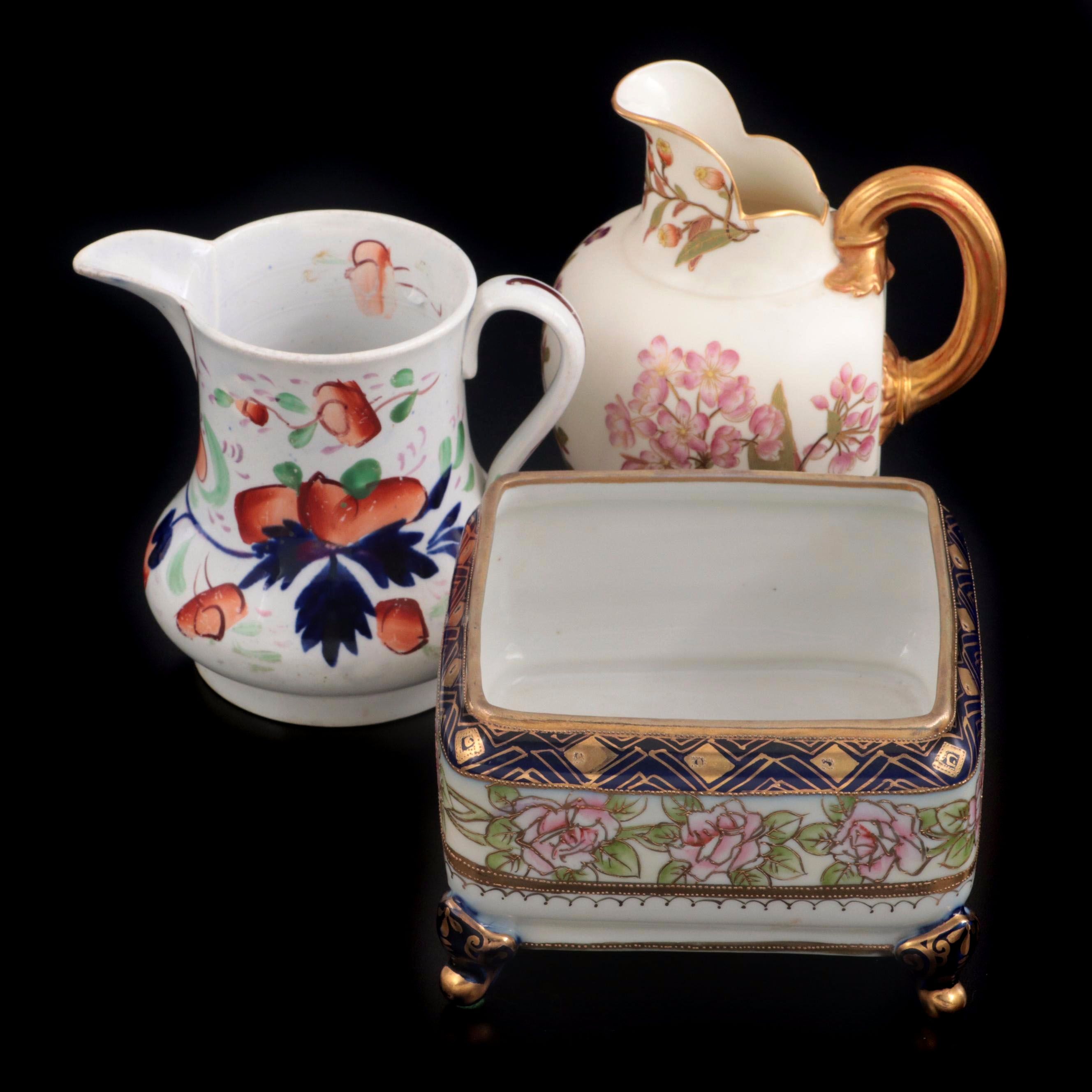 Royal Worcester and English Gaudy Welsh Pitchers with Morimura Bros Box ...