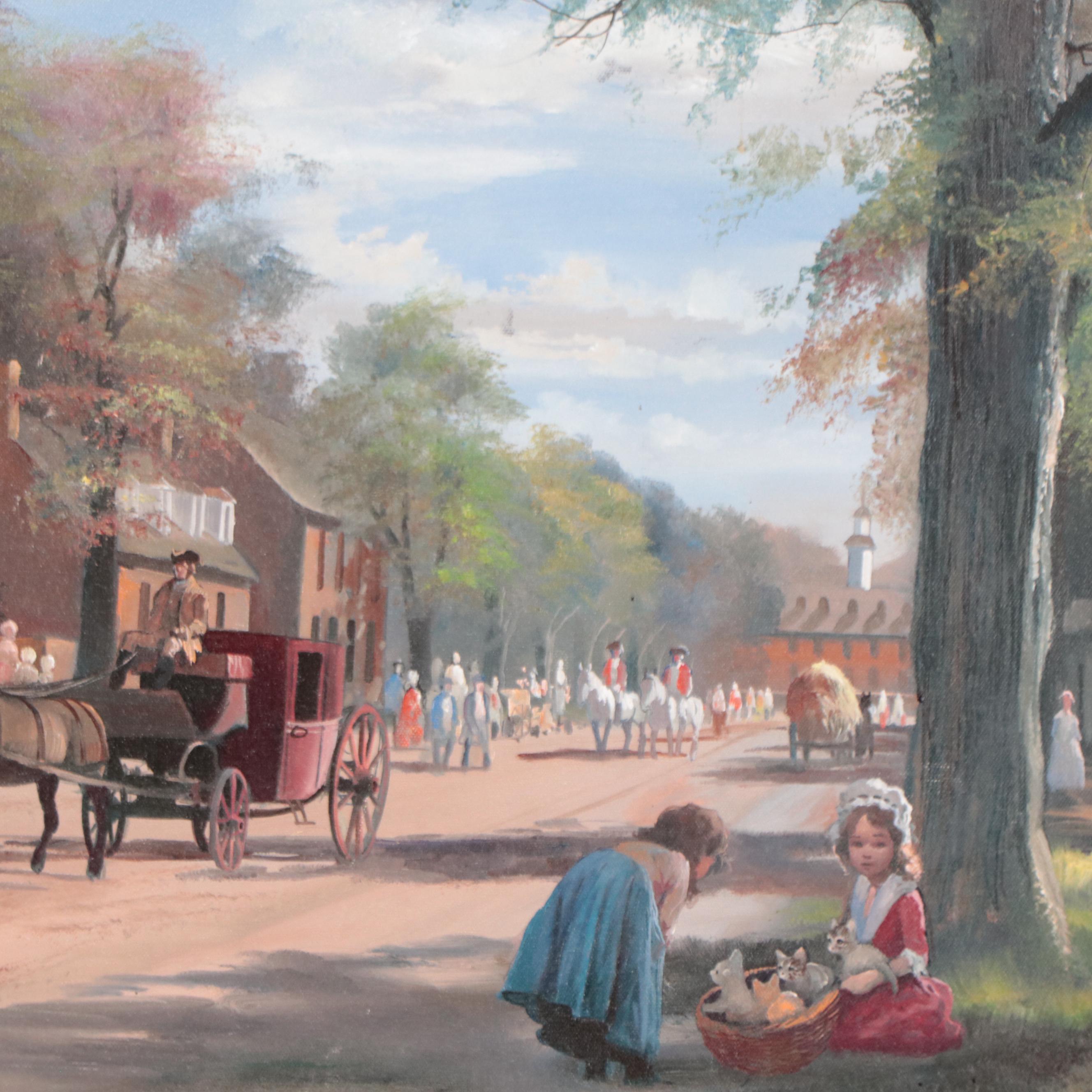 Lloyd Garrison Oil Painting of Colonial Street Scene, 1988 | EBTH