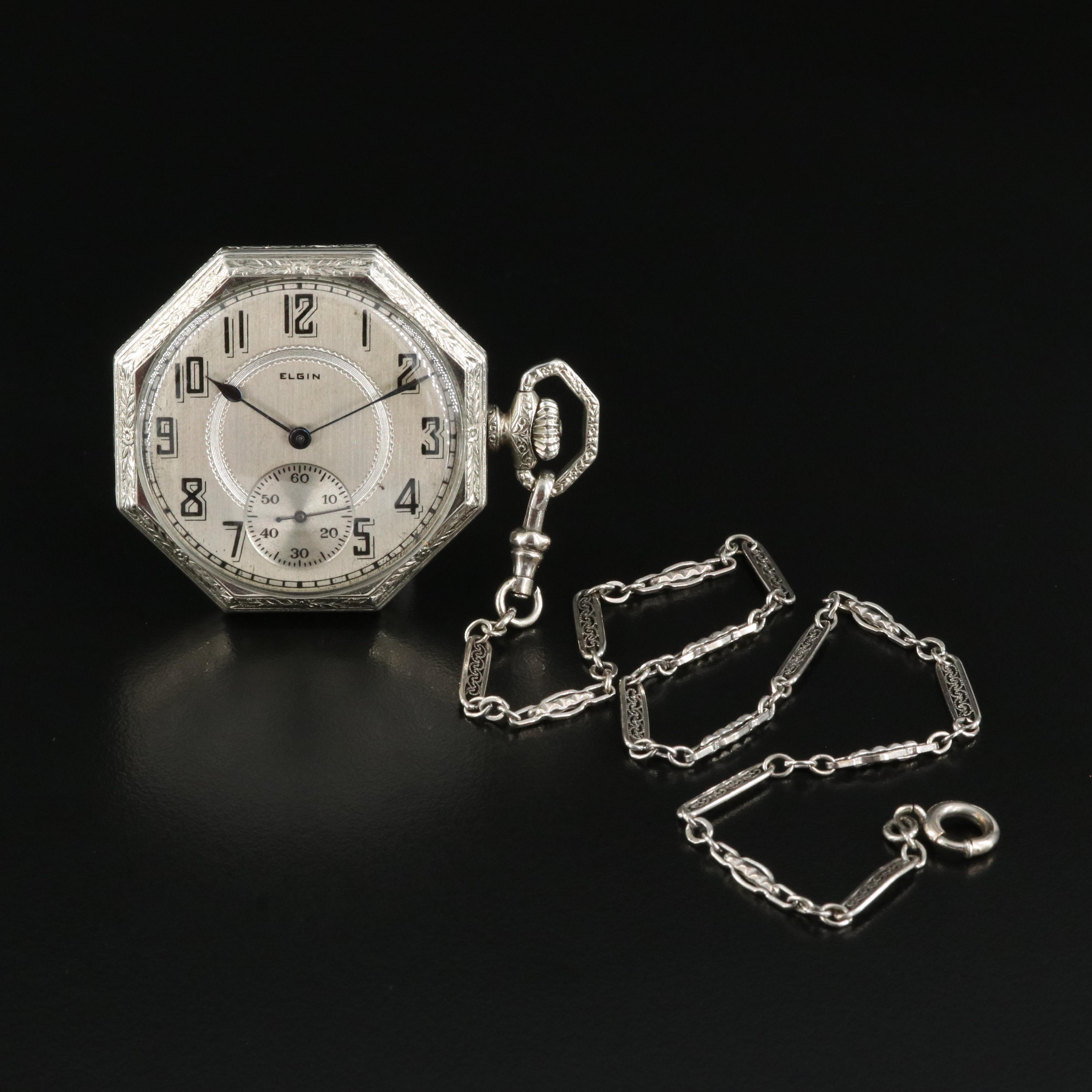 1921 Elgin Sidewinder Octagonal Pocket Watch and Chain | EBTH