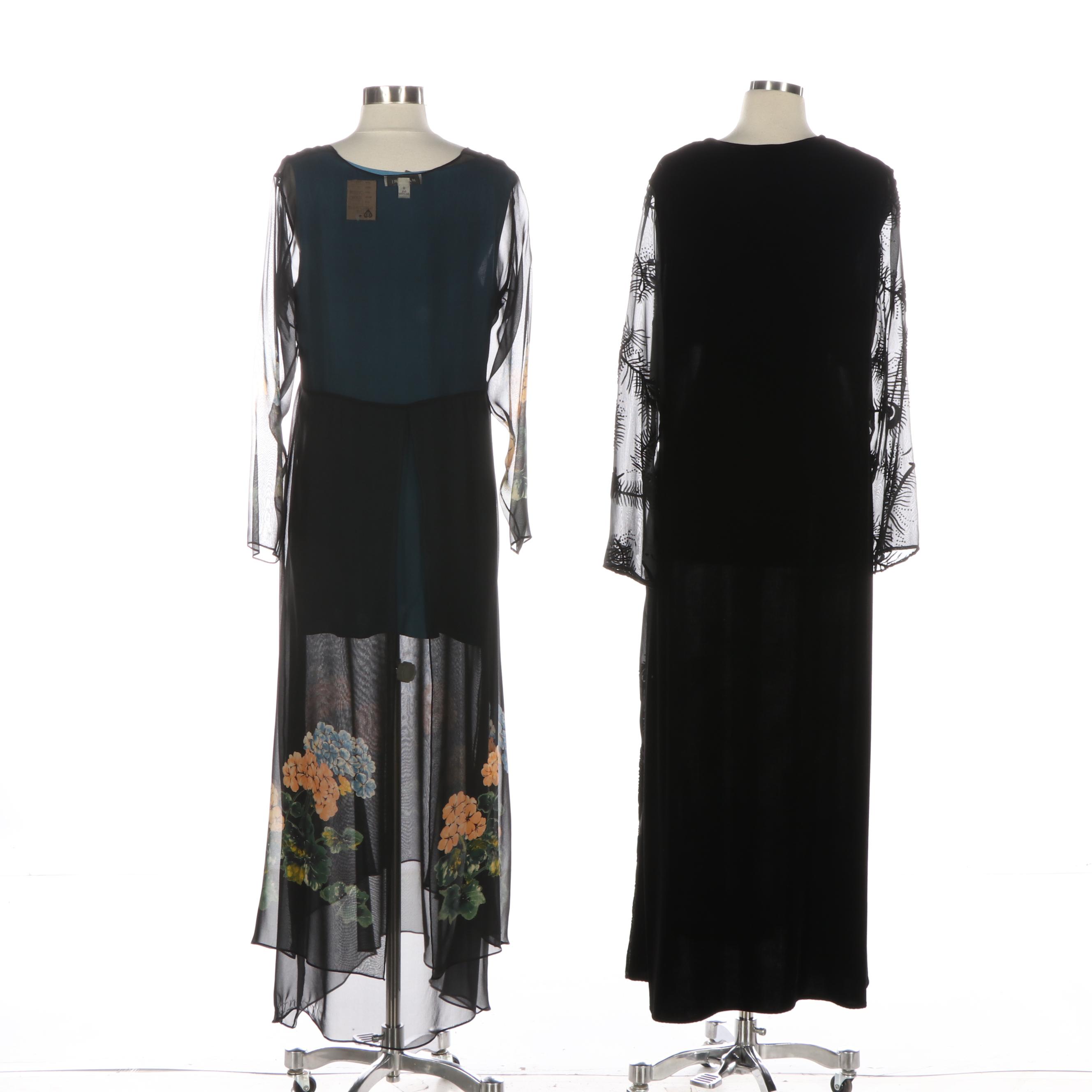 Harari Long Print Dress with Shell and Long Coat in Velvet and Silk ...