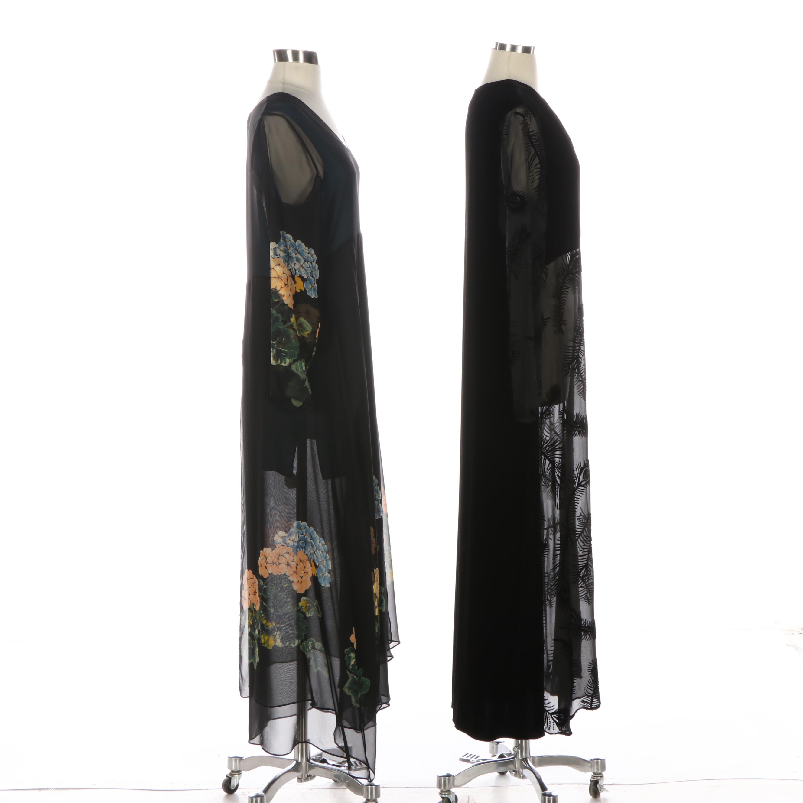 Harari Long Print Dress with Shell and Long Coat in Velvet and Silk ...