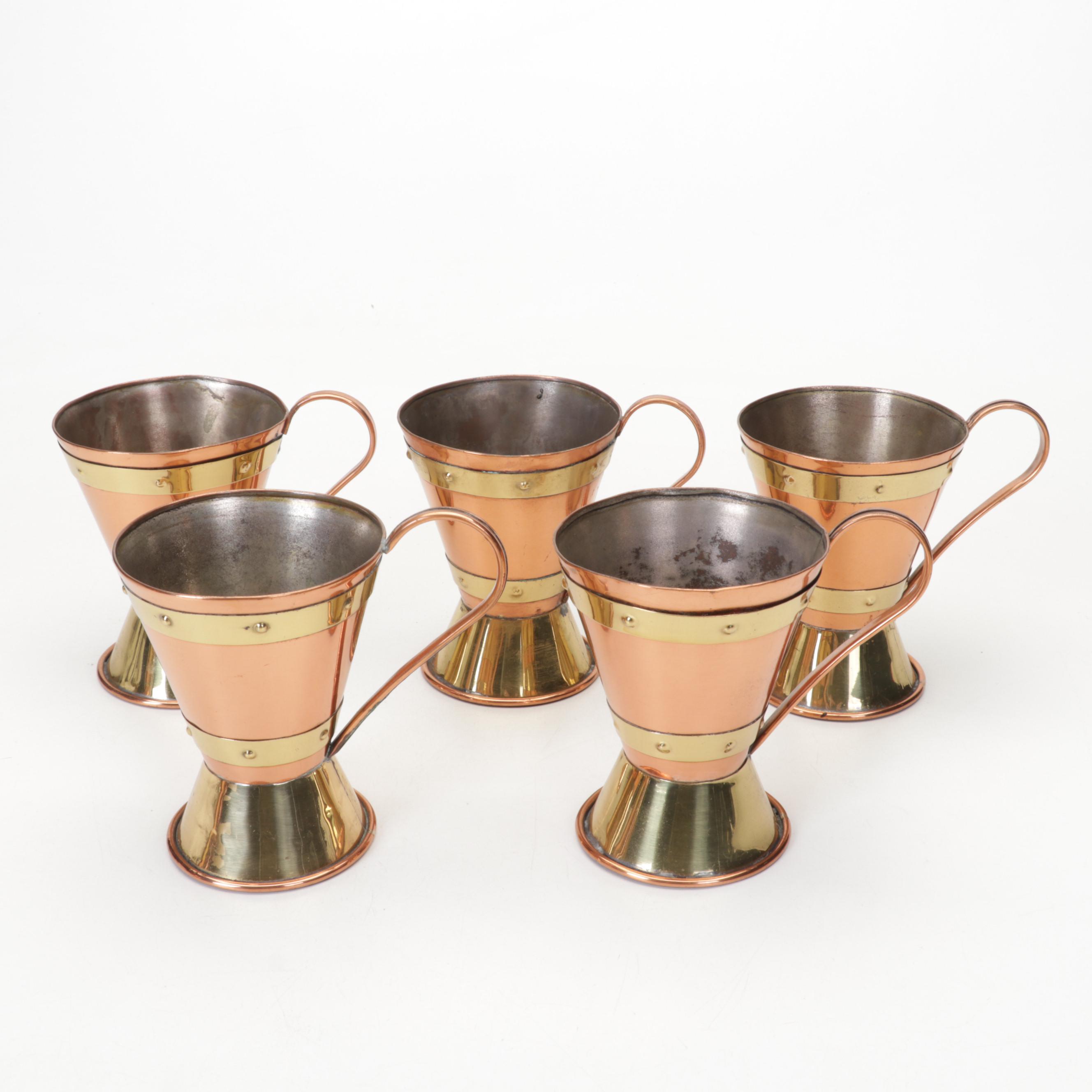 Mexican Copper and Brass Rivet Pitcher with Cups and Tray | EBTH