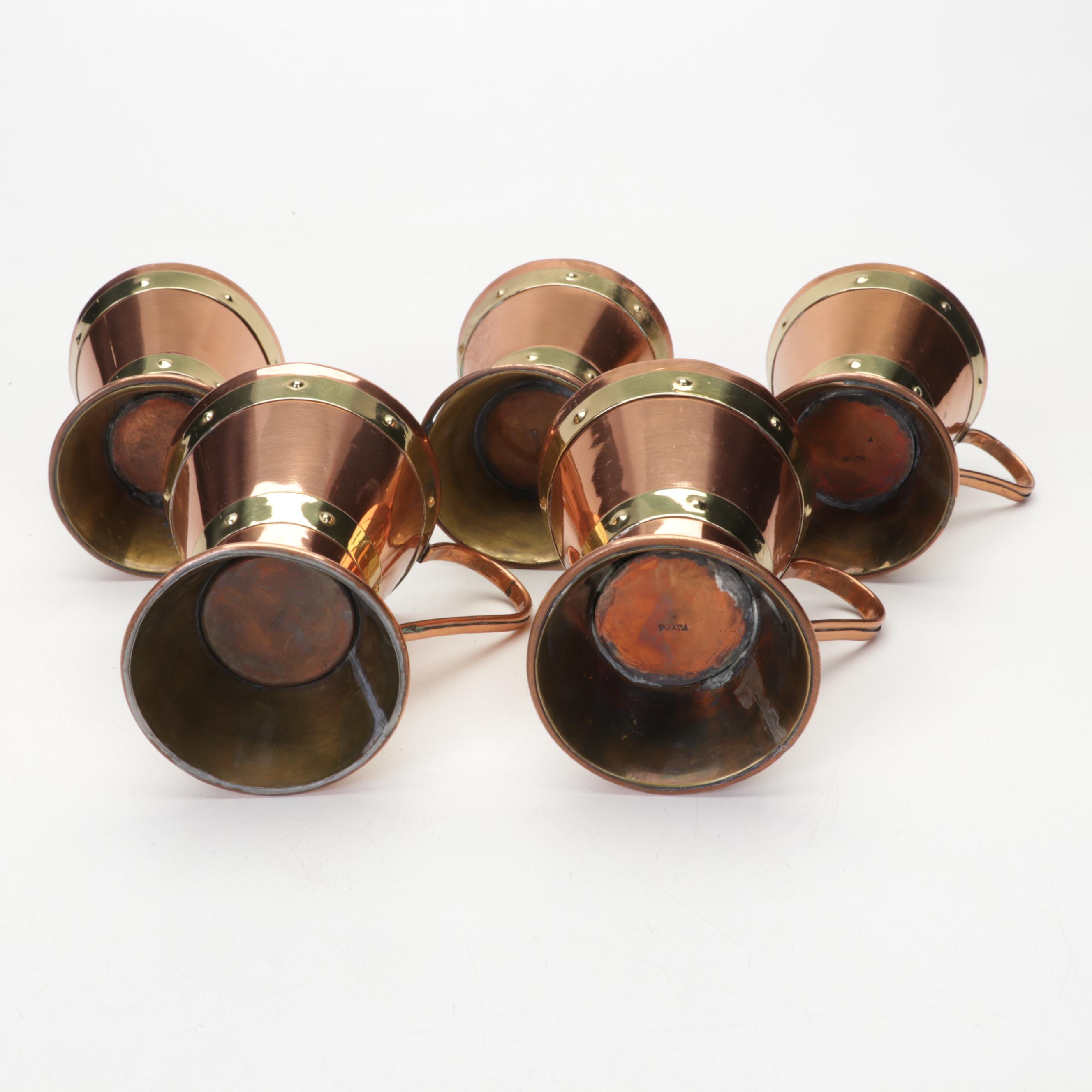 Mexican Copper and Brass Rivet Pitcher with Cups and Tray | EBTH