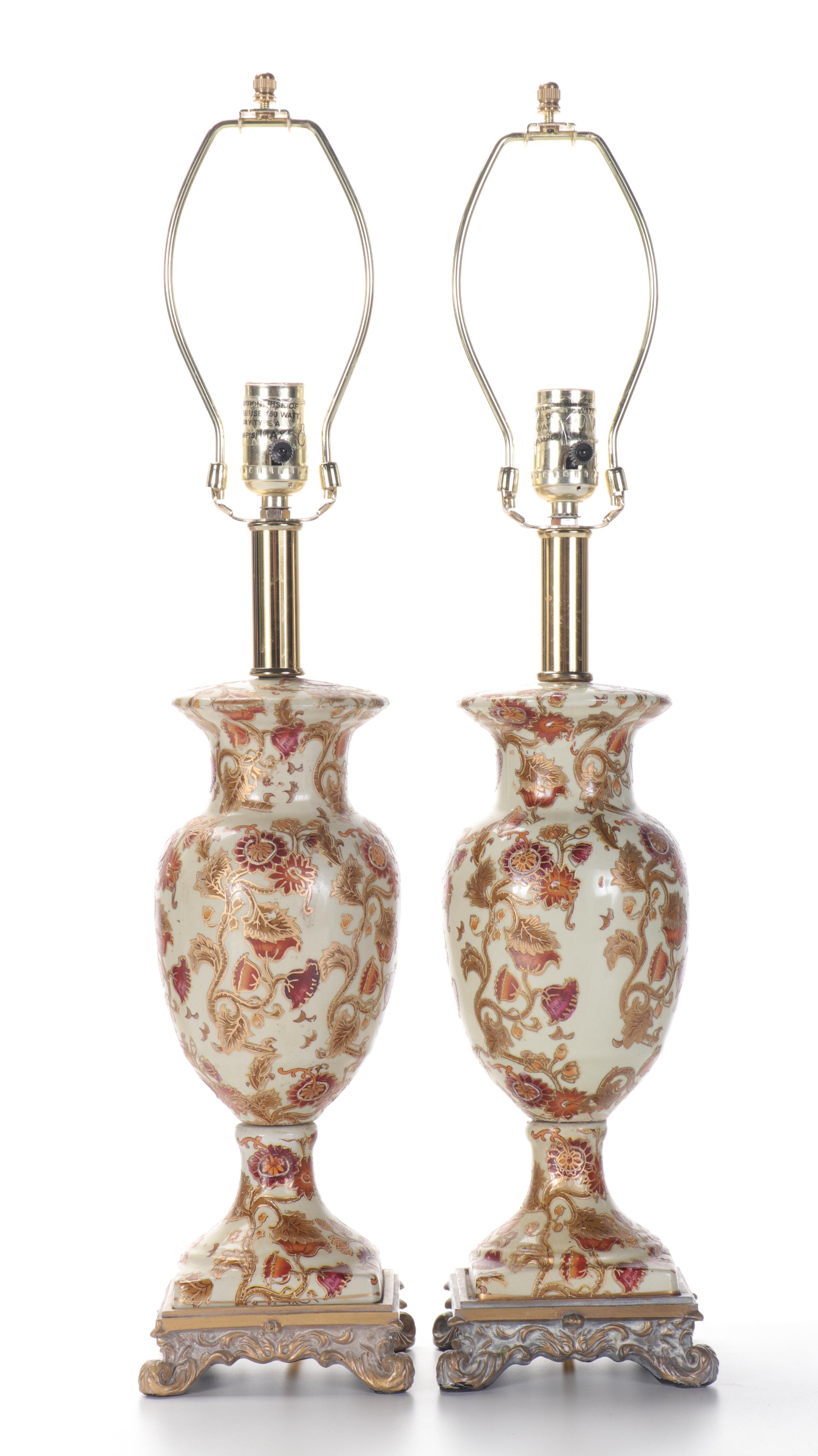 Pair Of Gilt-Decorated Jacobean Floral Pattern Ceramic Table Lamps | EBTH