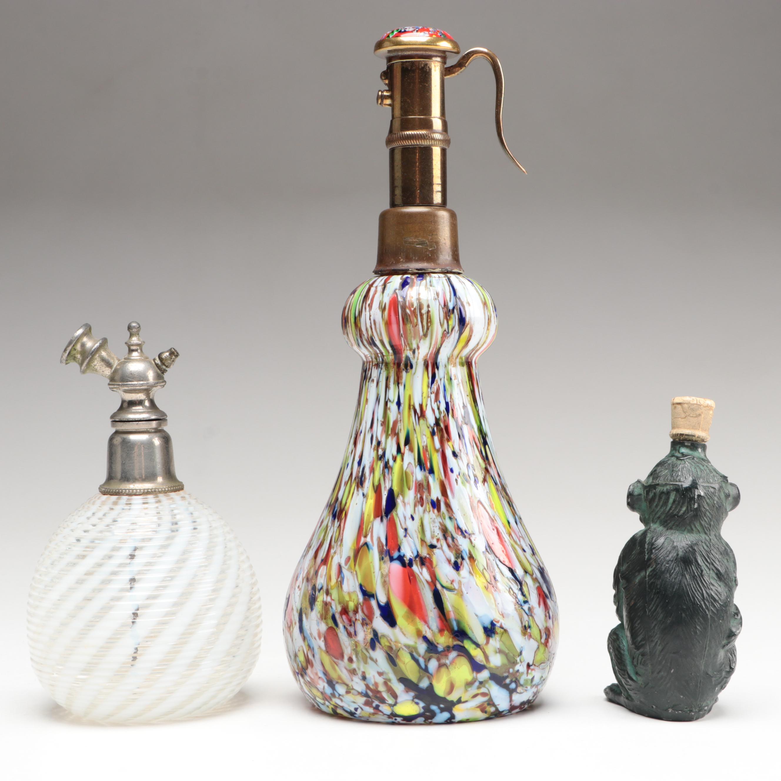 Murano Style and Other Glass with German Bronze Monkey Perfume Bottles ...