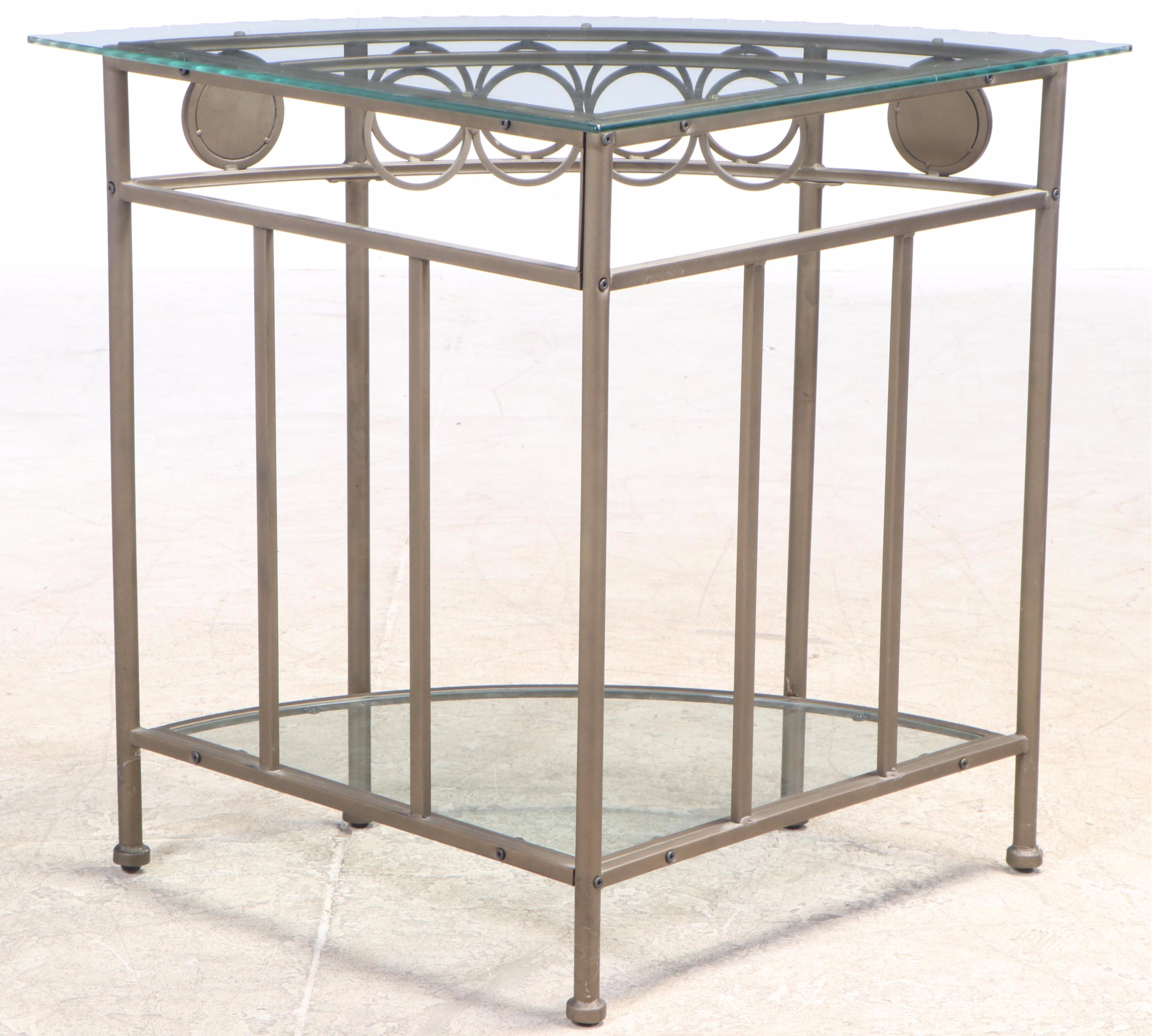 Tiered Metal Corner Table with Terrazo Detail and Scalloped Glass Top ...