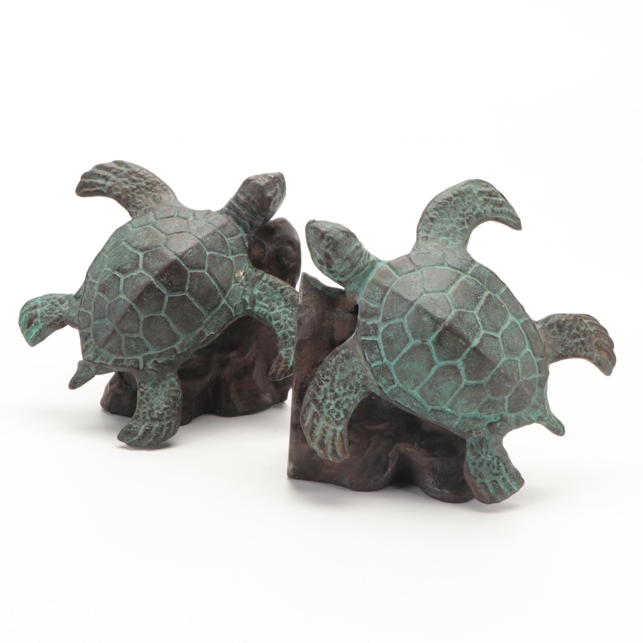 Patinated Cast Metal and Bronze Sea Turtle Bookends | EBTH