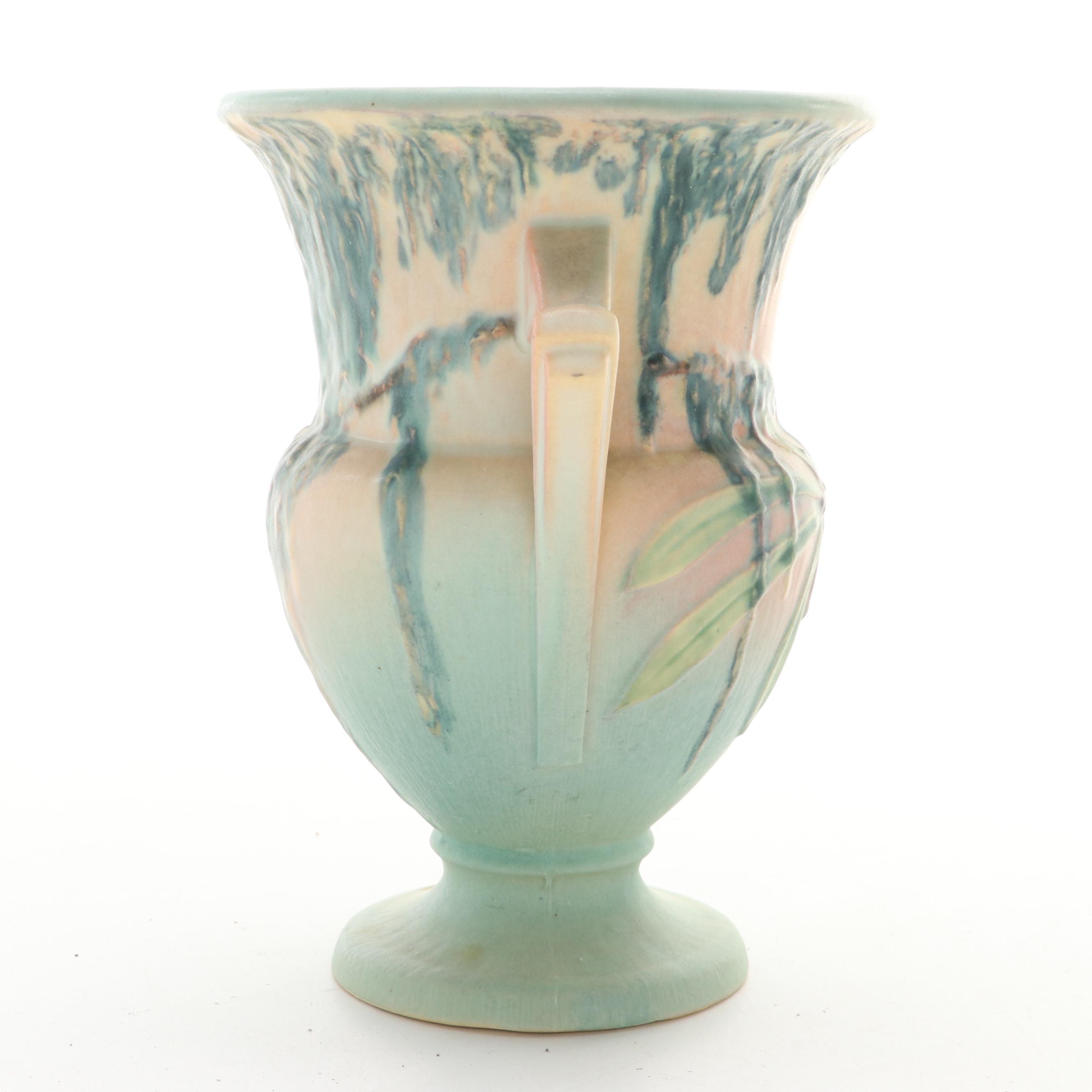 Roseville Pottery "Moss" Pink to Green Glazed Handled Vase, 1930s | EBTH