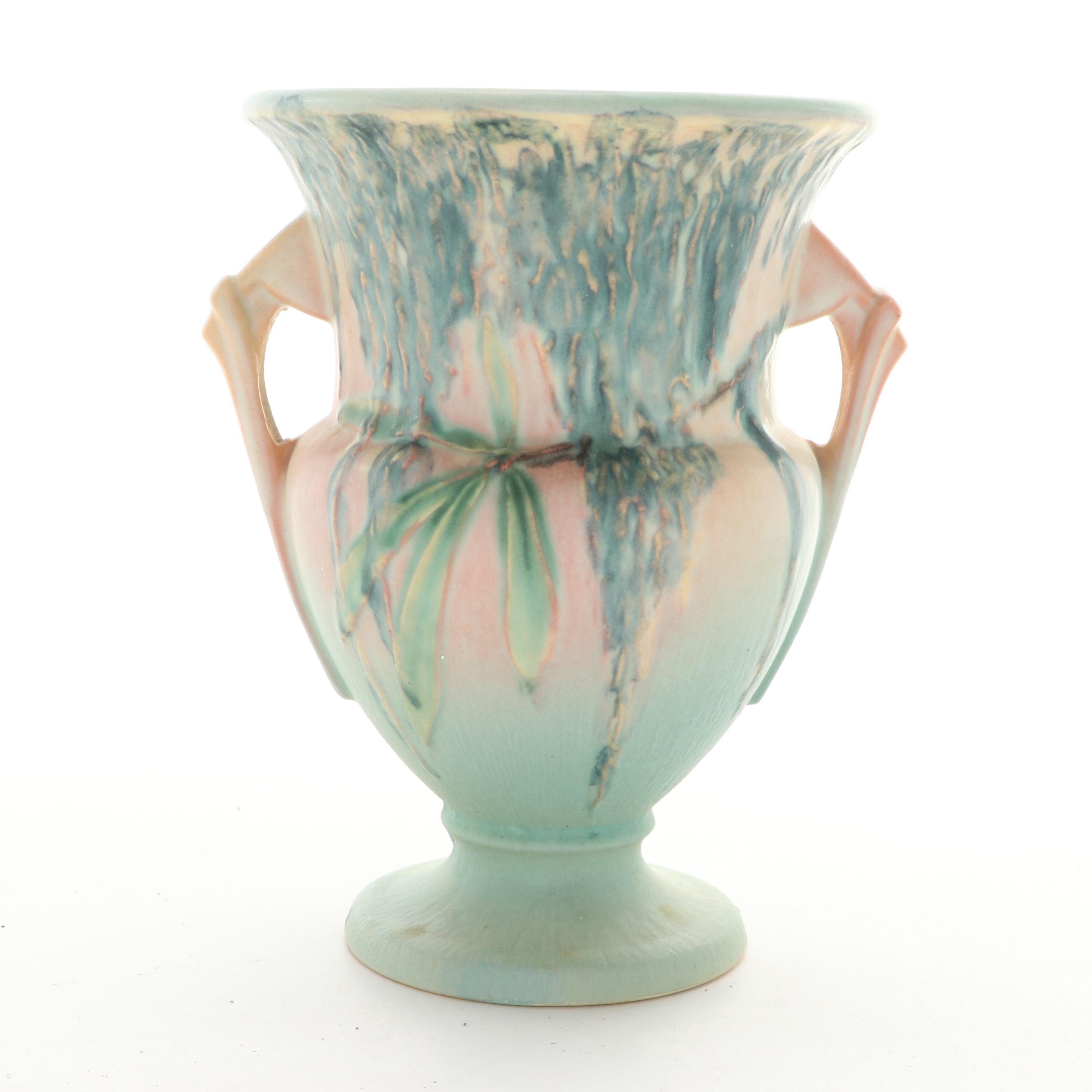 Roseville Pottery "Moss" Pink to Green Glazed Handled Vase, 1930s | EBTH