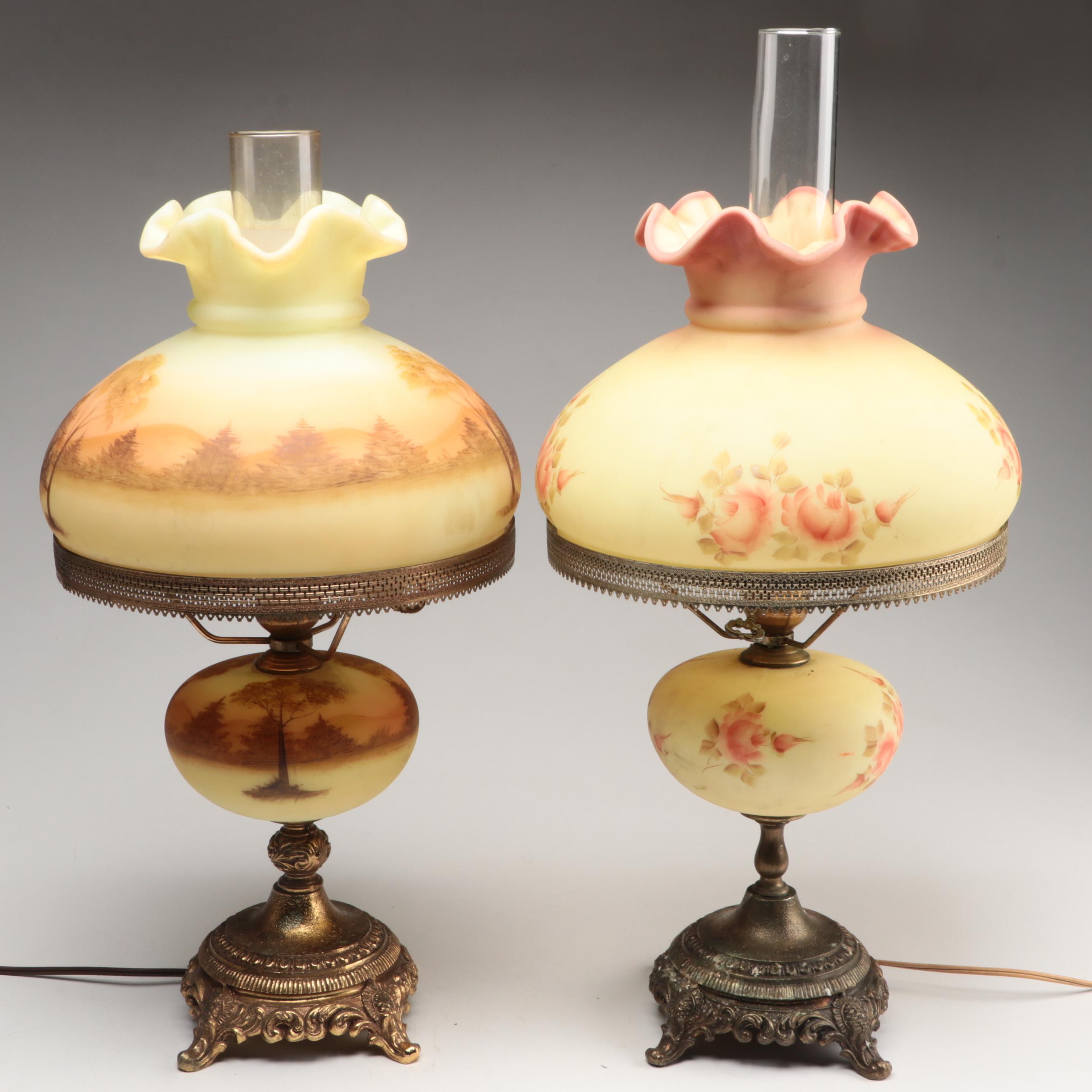 Fenton "Log Cabin" and "Rose Burmese" Satin Custard Glass Parlor Lamps ...