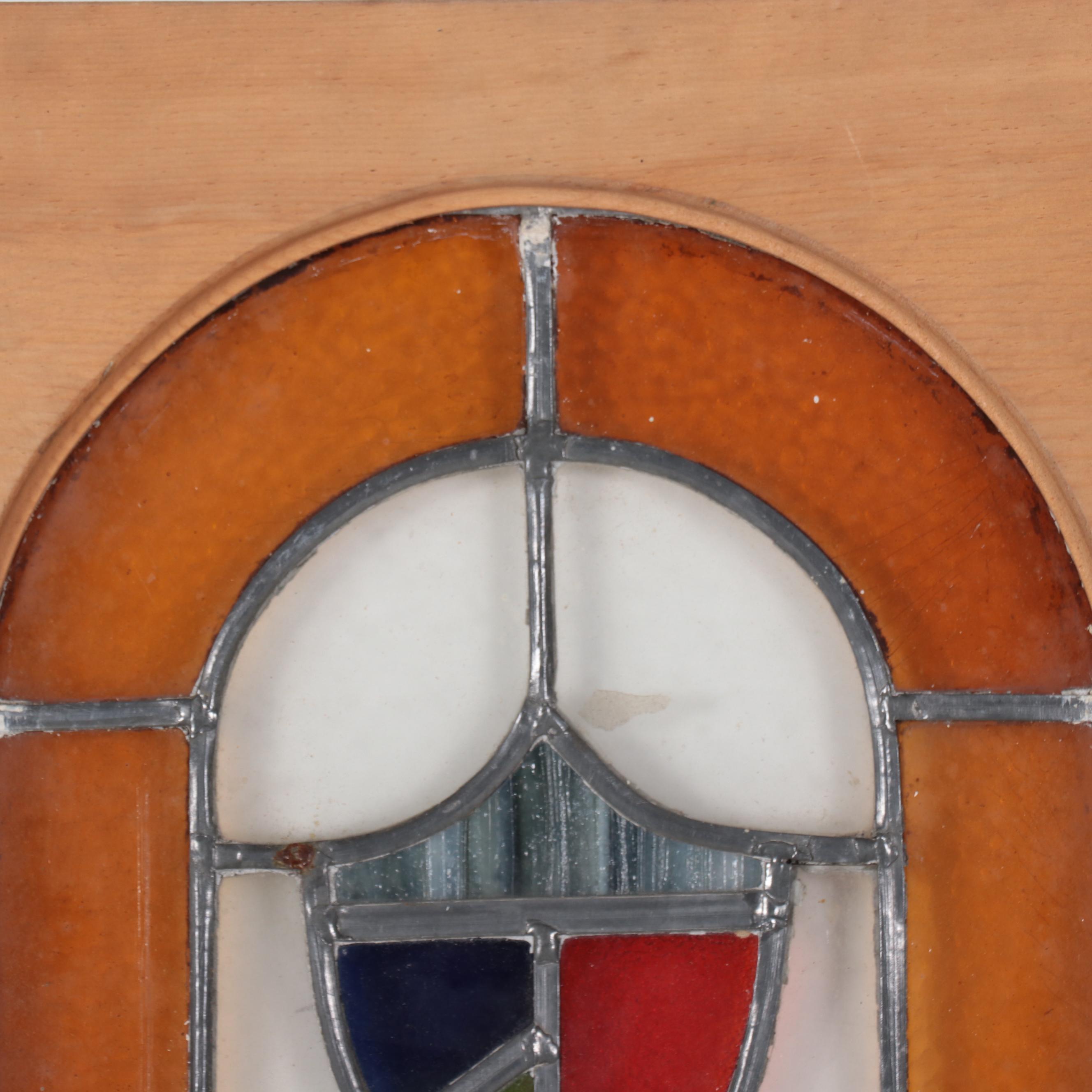Stained and Slag Glass Arched Wall Hanging With Heraldic Shield | EBTH