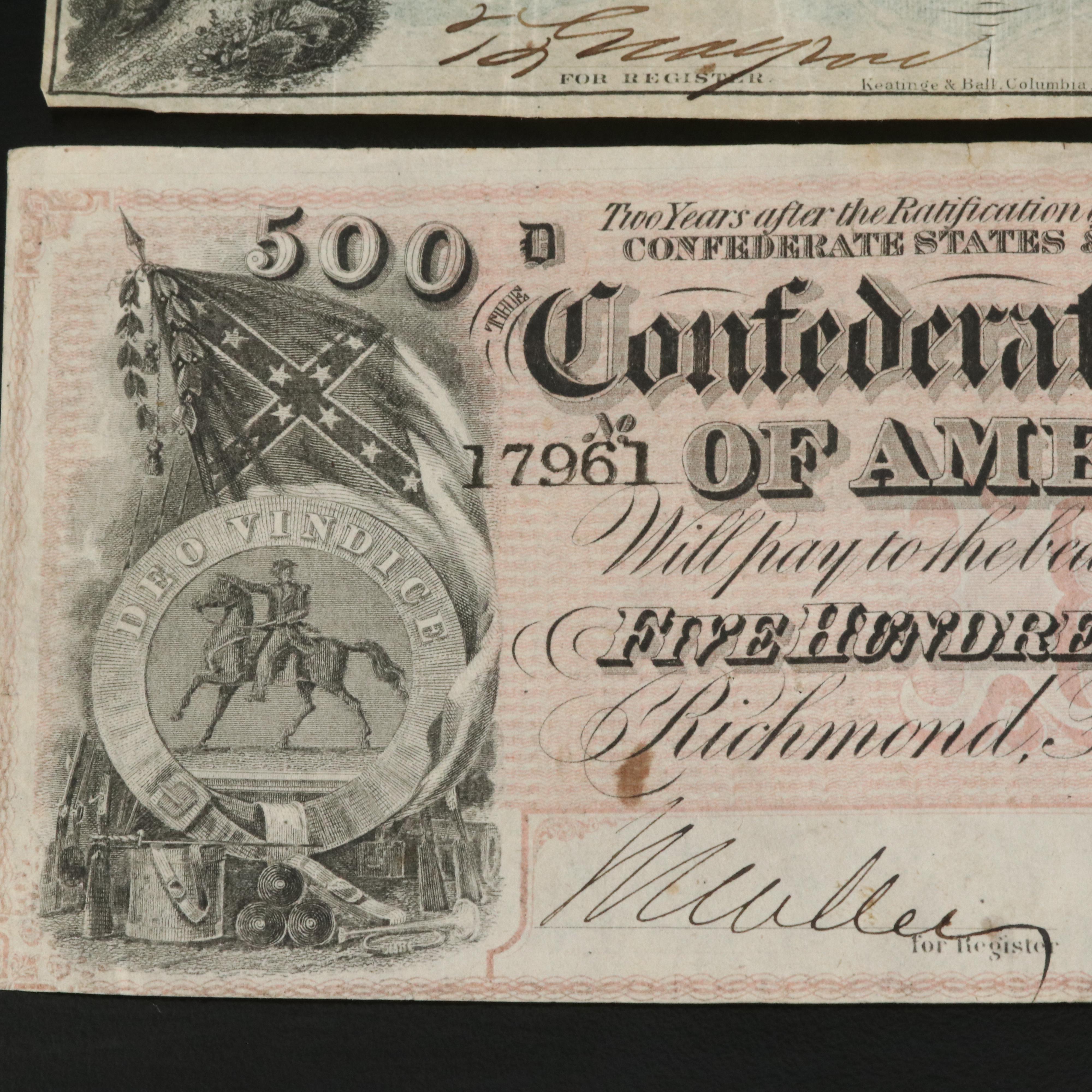 Two Different Confederate States of America Currency Notes Including ...