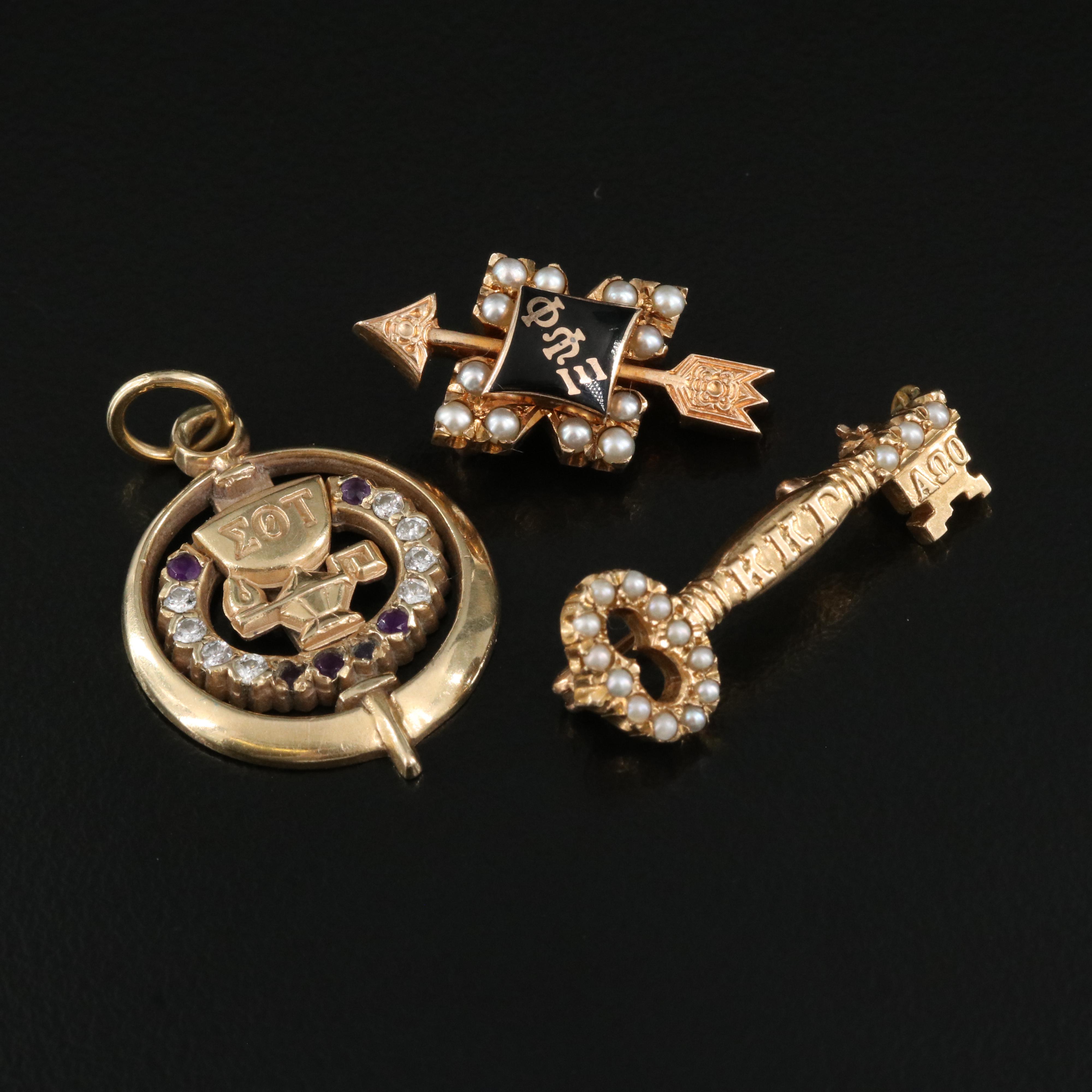 Vintage 10K and 14K Diamond, Pearl and Amethyst Fraternity and Sorority ...