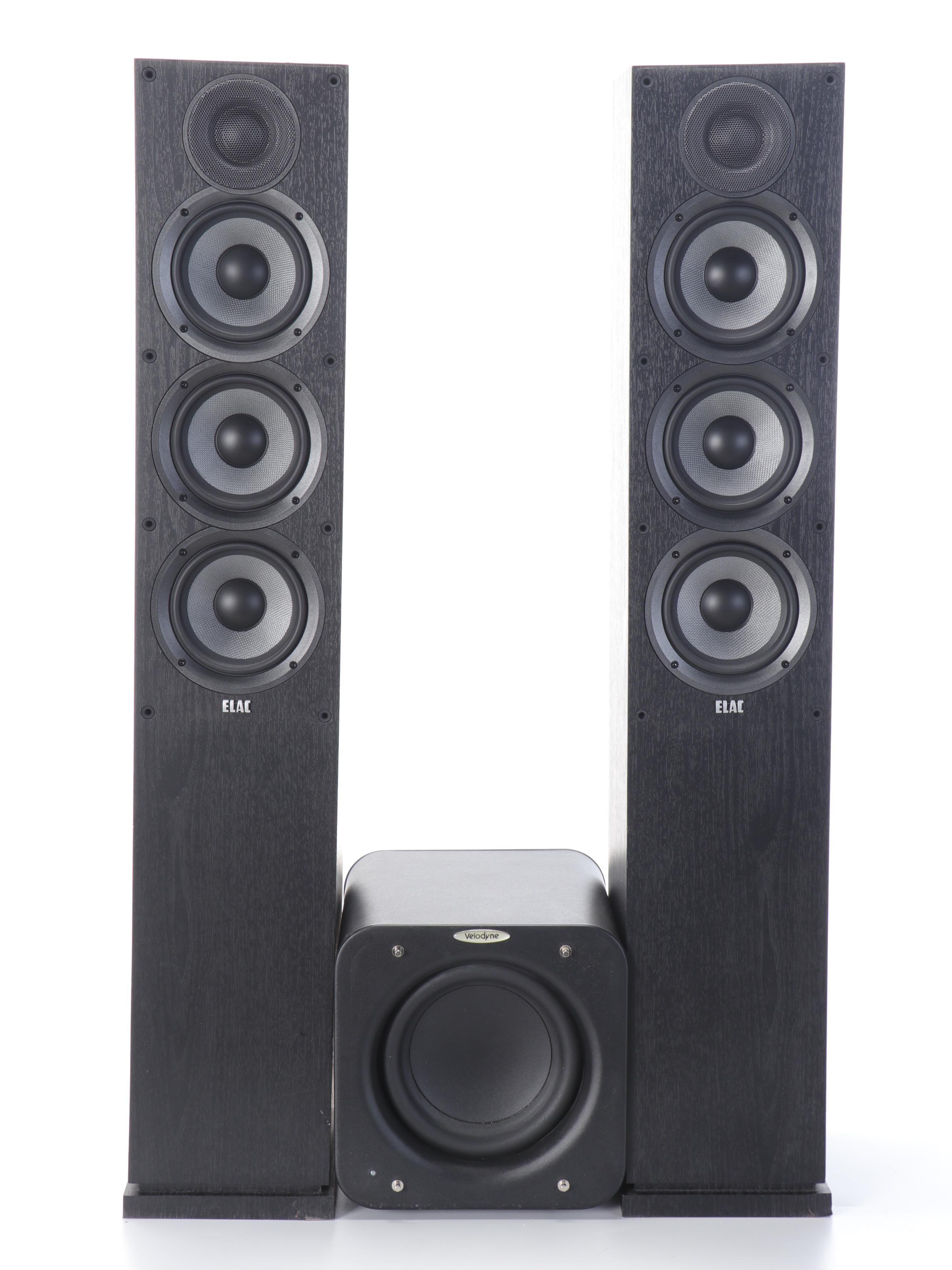Velodyne MiniVee Subwoofer With Pair of ELAC Debut Floor Standing ...