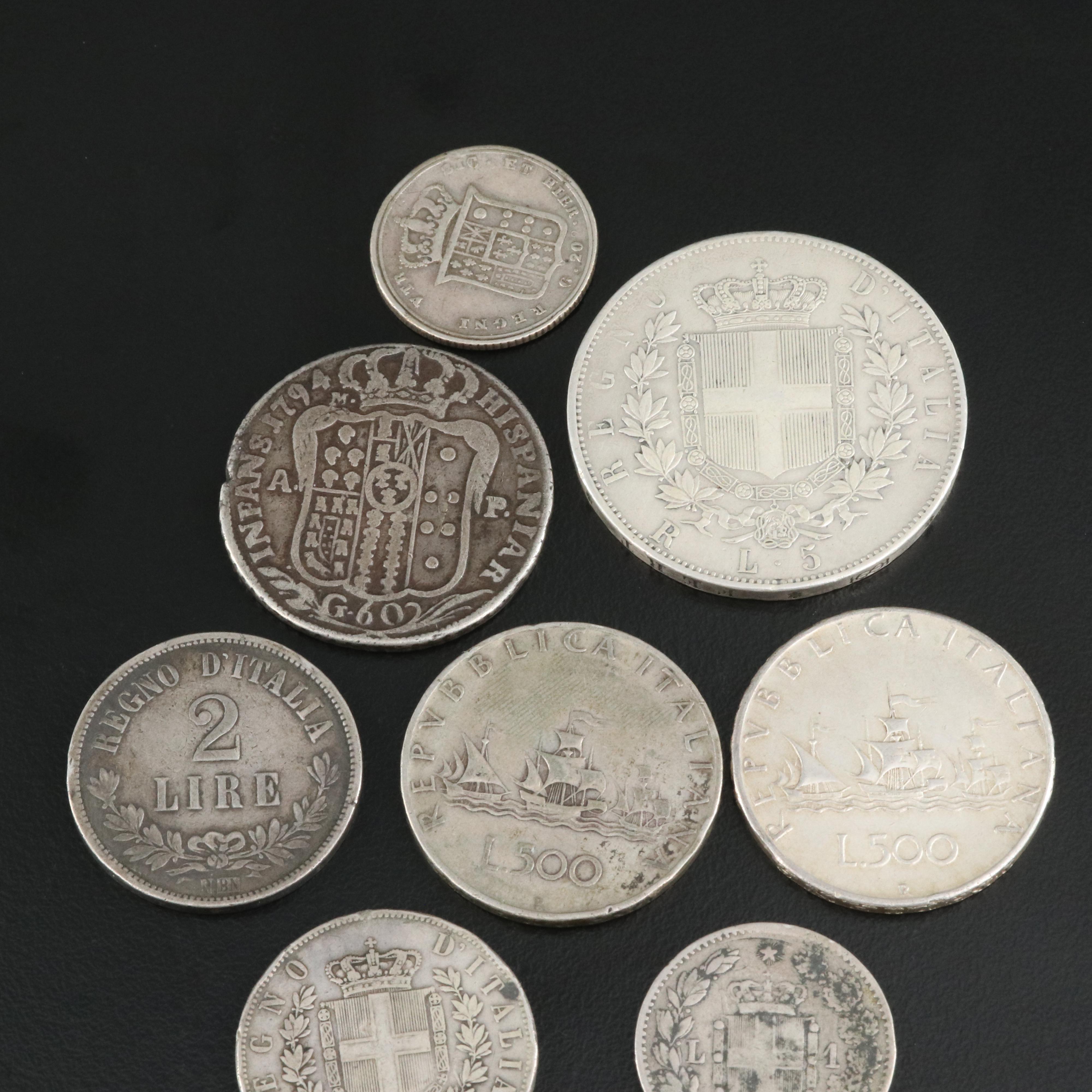 Group of Nine Italian Silver Coins Including a 1794 Sixty Grani | EBTH