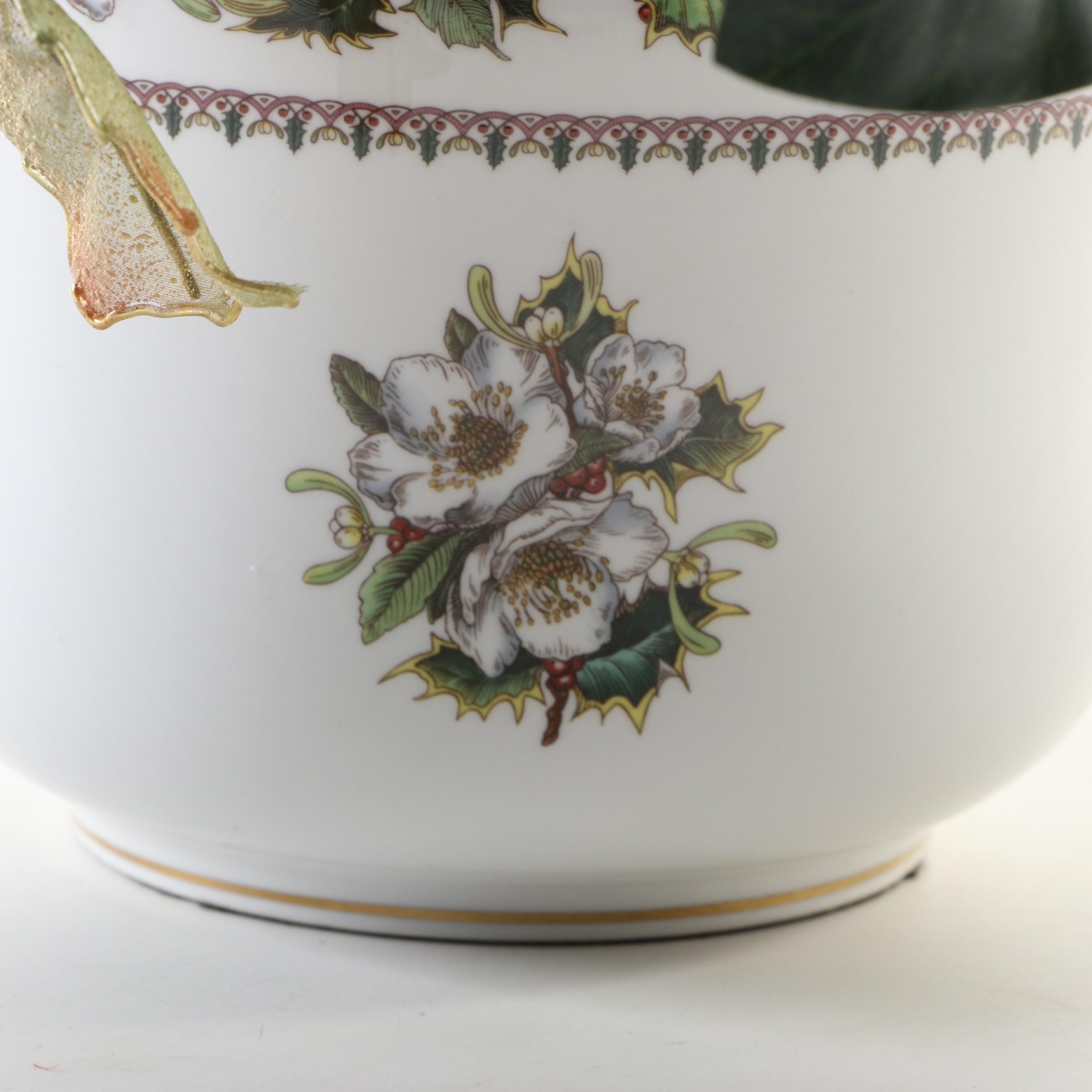 Spode "Christmas Rose" Bone China Planter with Faux Flowers and Santa ...