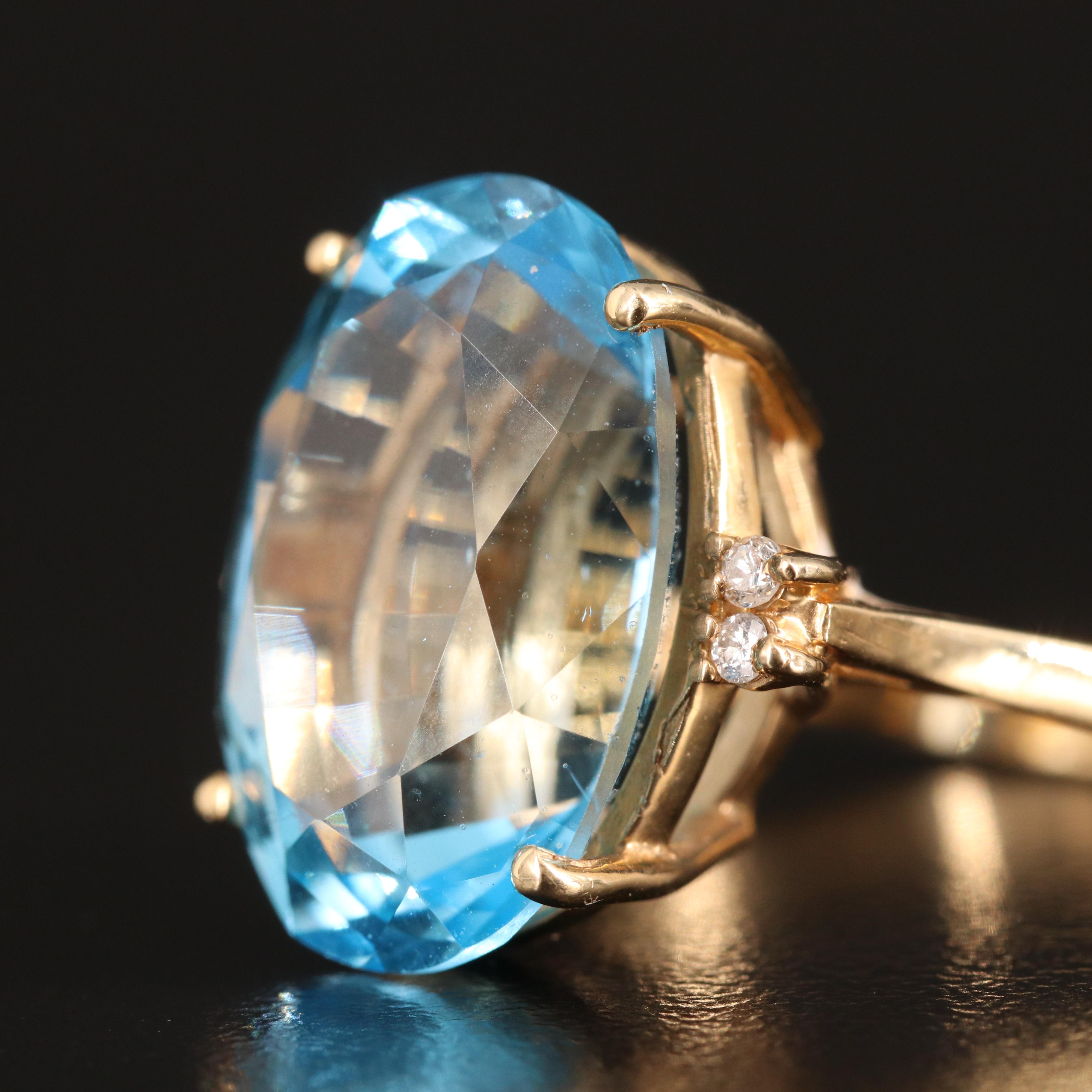 14K 16.51 CT Swiss Blue Topaz Statement Ring with Diamond Accents | EBTH