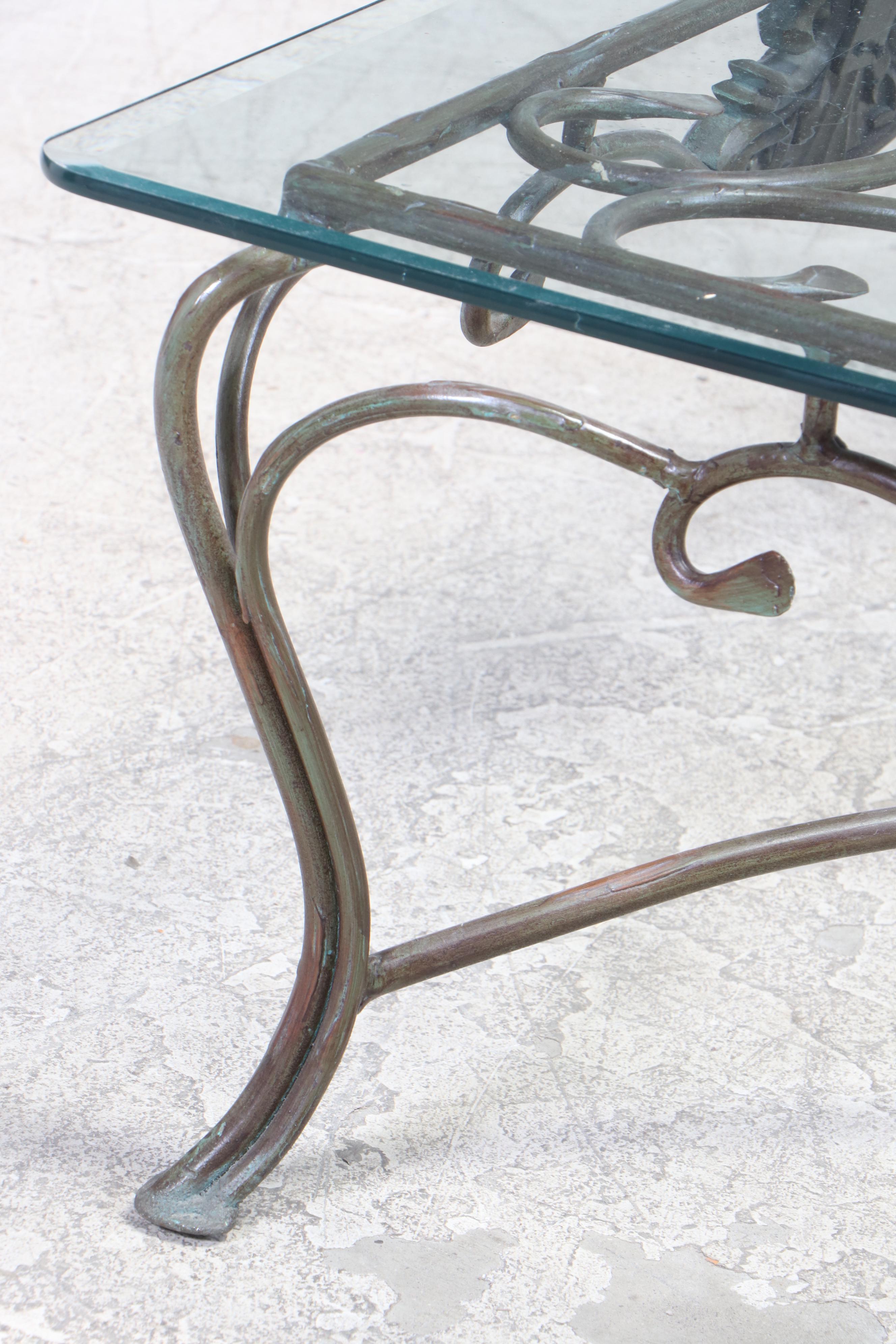Verdigris-Patinated Iron and Glass Top Coffee Table | EBTH