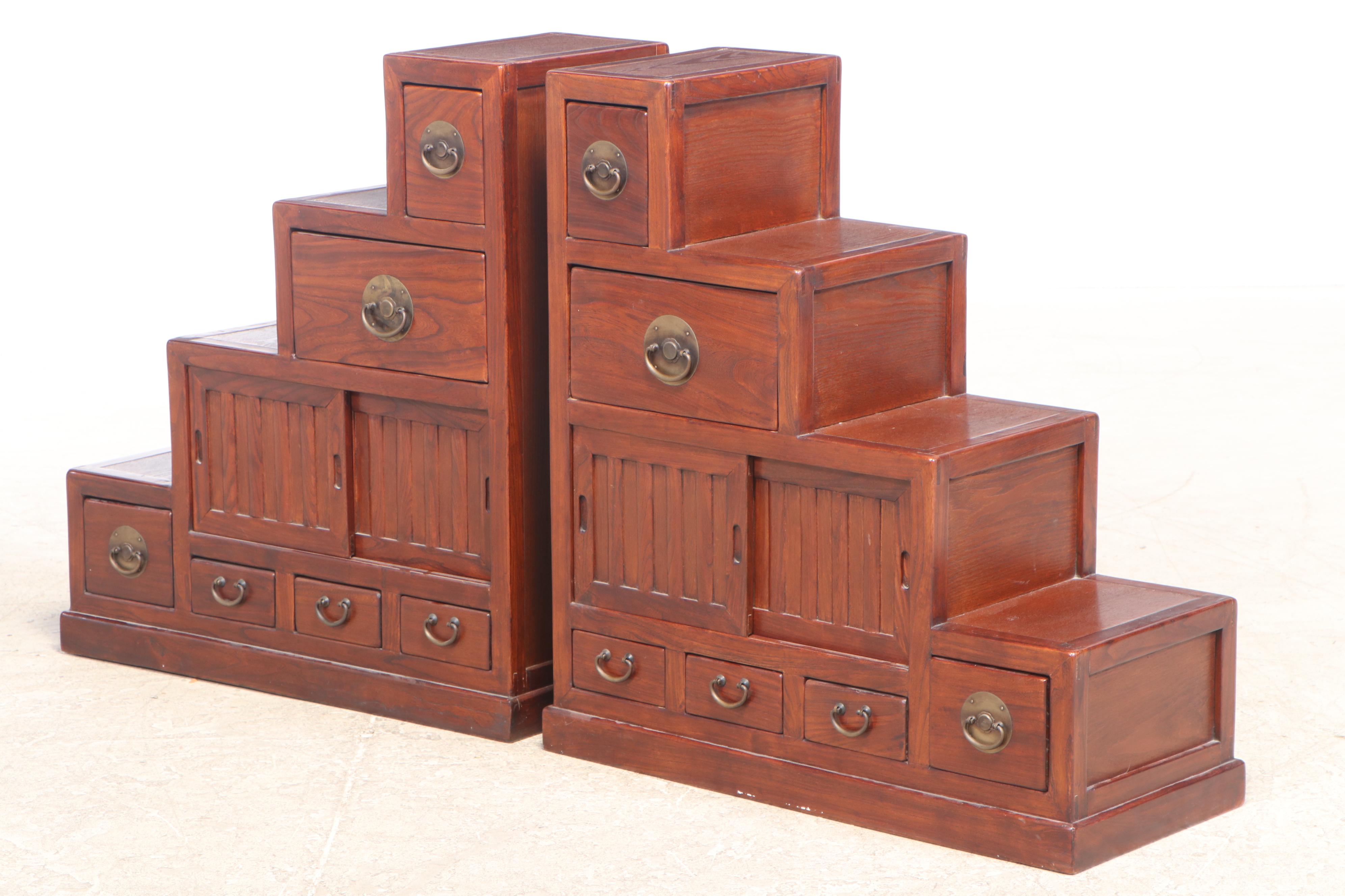 Two Japanese Elm Four-Step Tansu Chests | EBTH