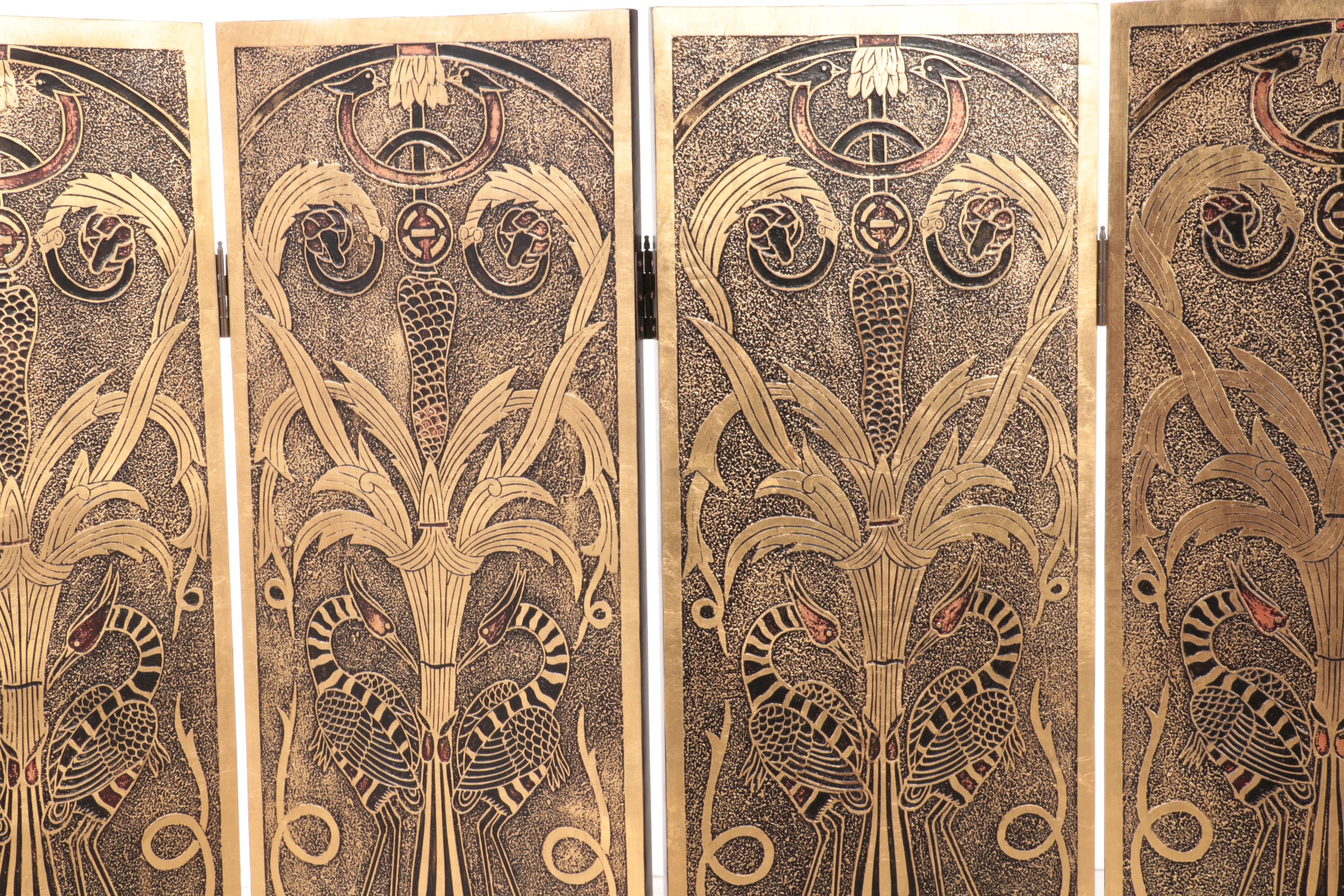 Chinese Lacquered Four-Panel Screen with Painted Gilt Arabesque Design ...