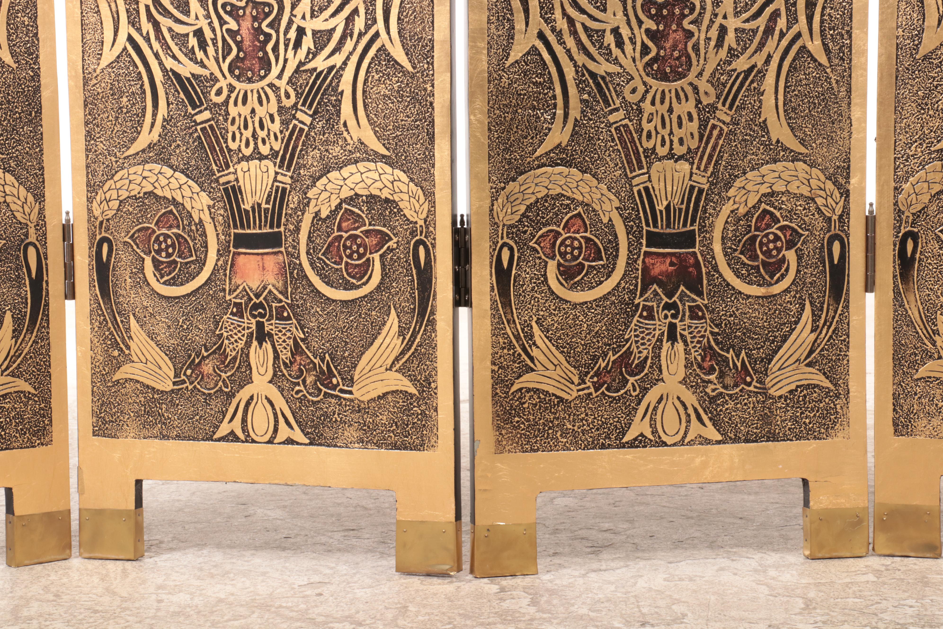 Chinese Lacquered Four-Panel Screen with Painted Gilt Arabesque Design ...
