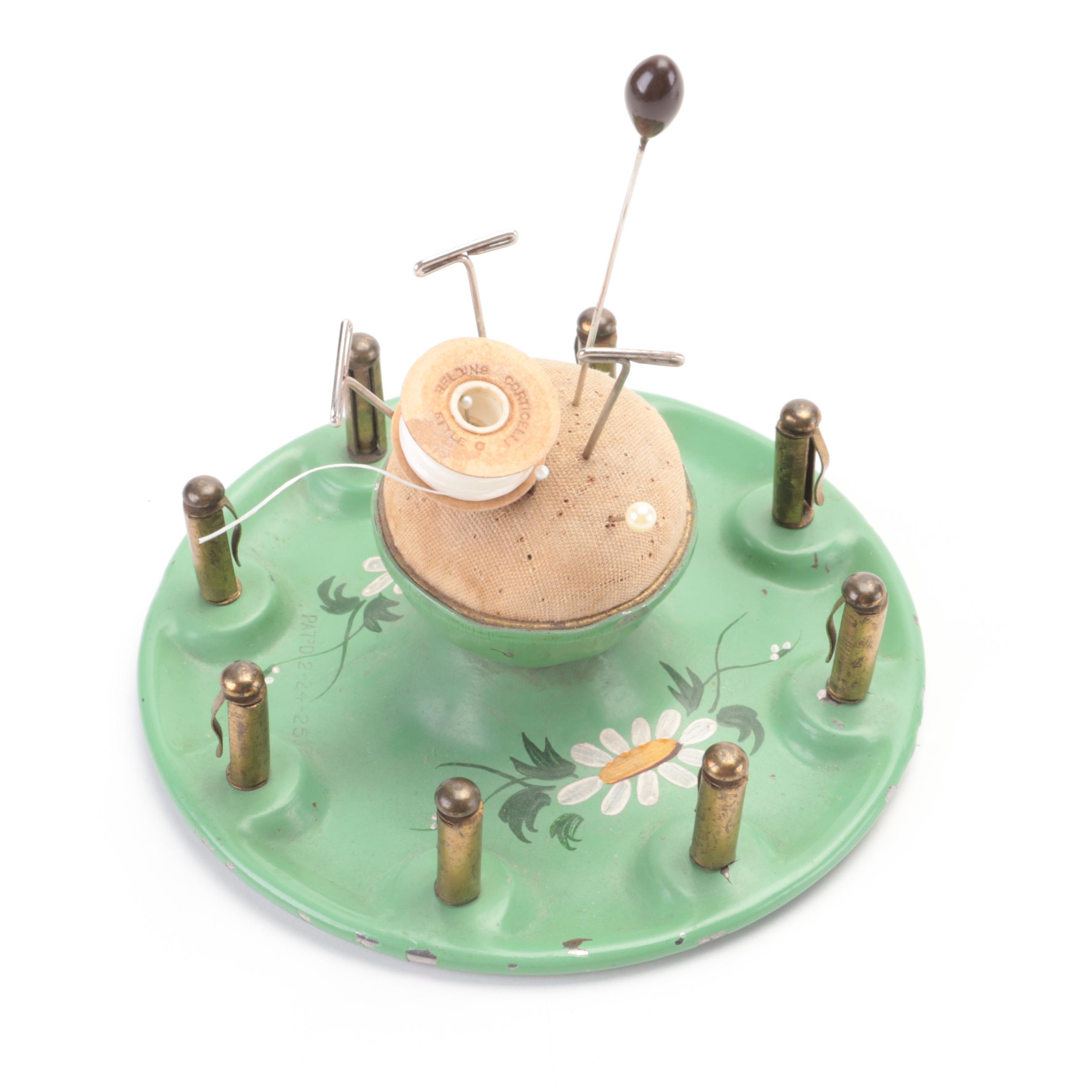 Toleware Hand-Painted Thimble and Pin Holder with Thimbles, Early 20th ...