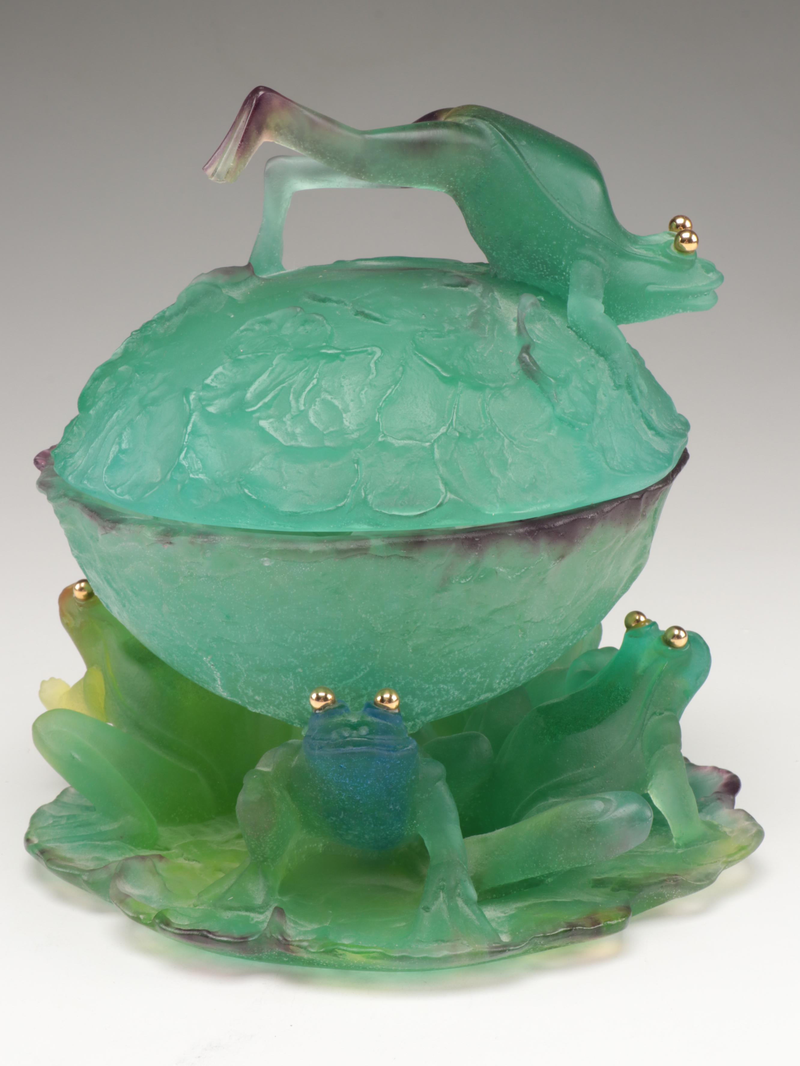 Daum Pâte de Verre Art Glass Frogs with Gold Eyes on Lily Pads Covered ...