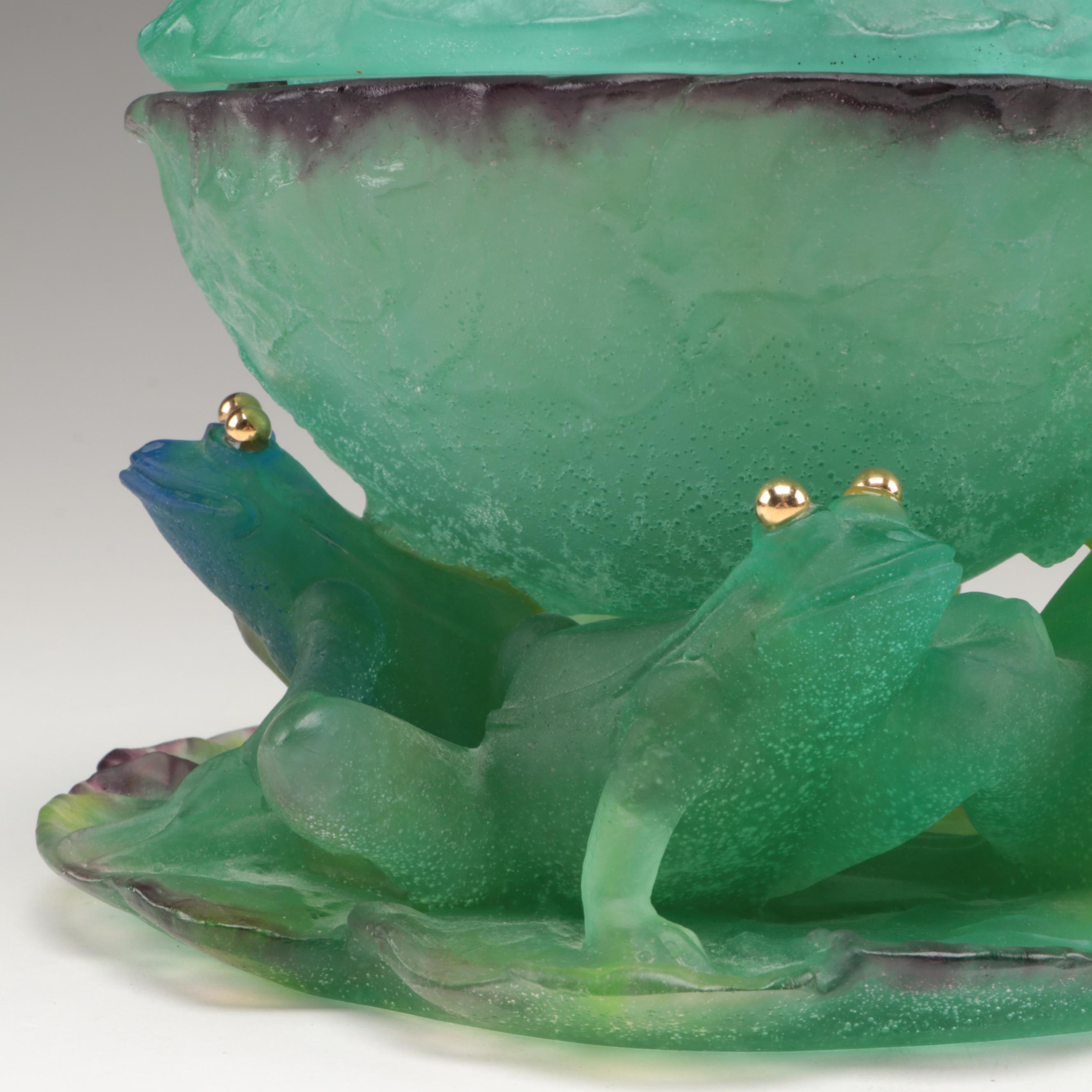 Daum Pâte de Verre Art Glass Frogs with Gold Eyes on Lily Pads Covered ...