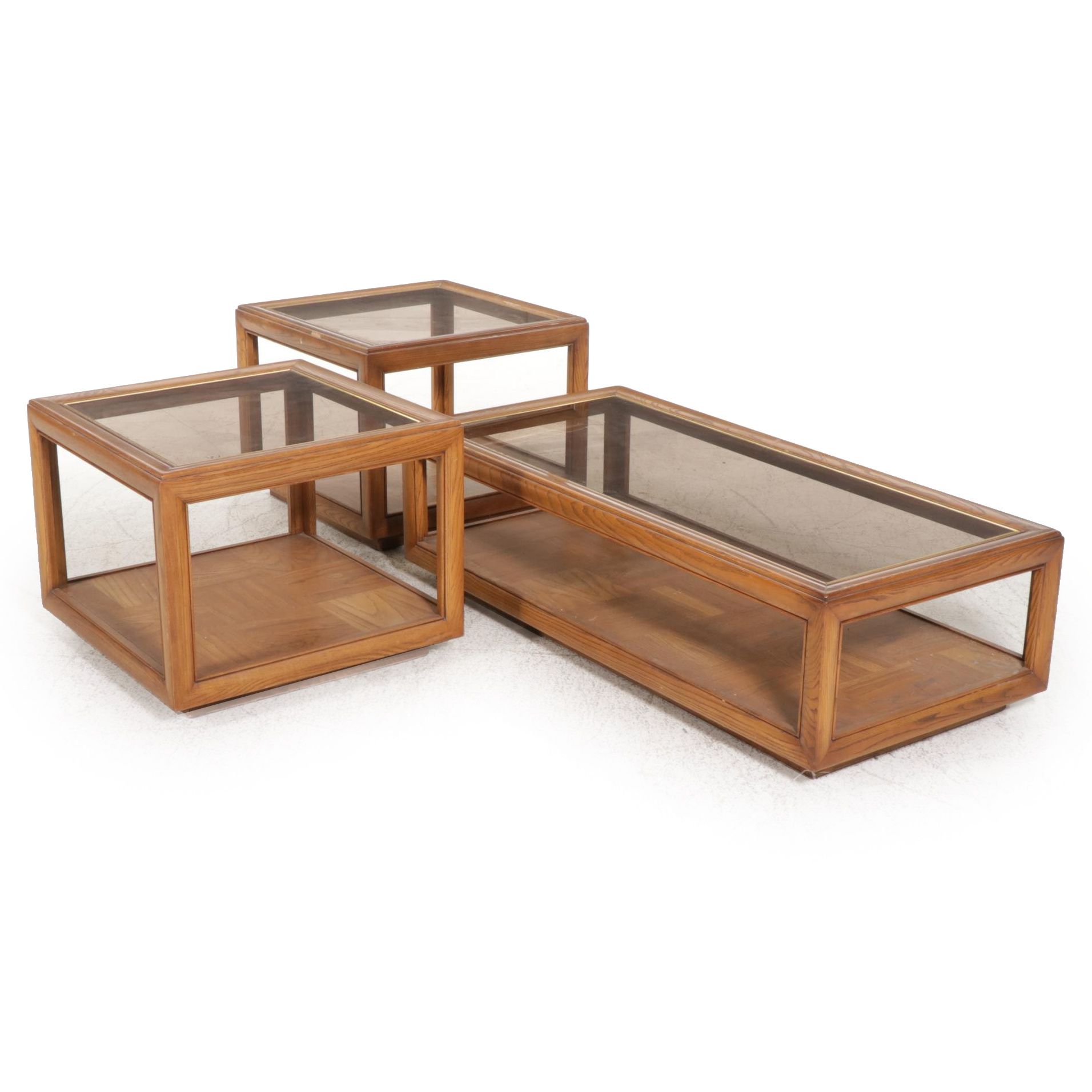 Lane Oak and Glass Top Coffee Table and End Tables, 1980s | EBTH