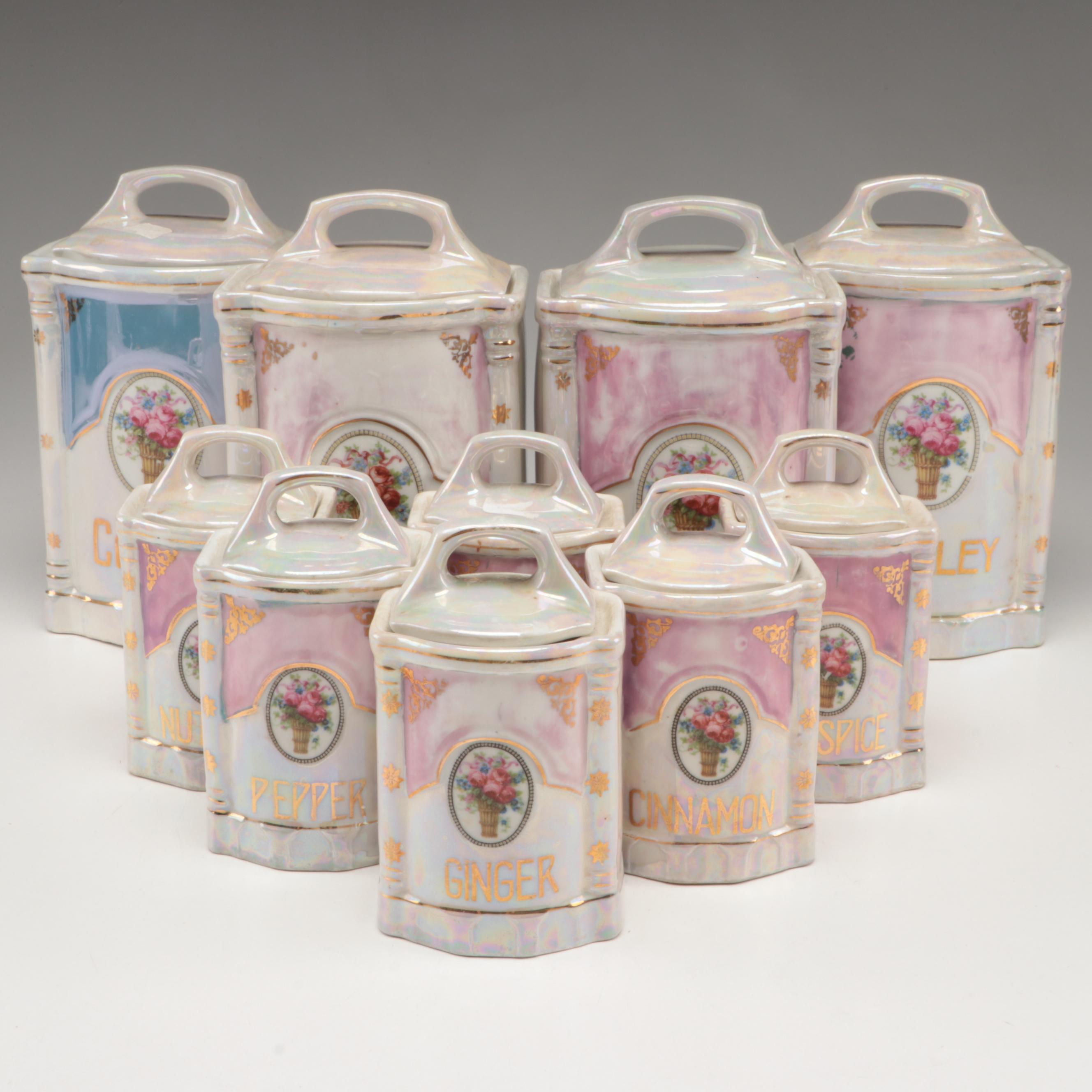 German Porcelain Lusterware Kitchen and Spice Canisters, Early 20th ...