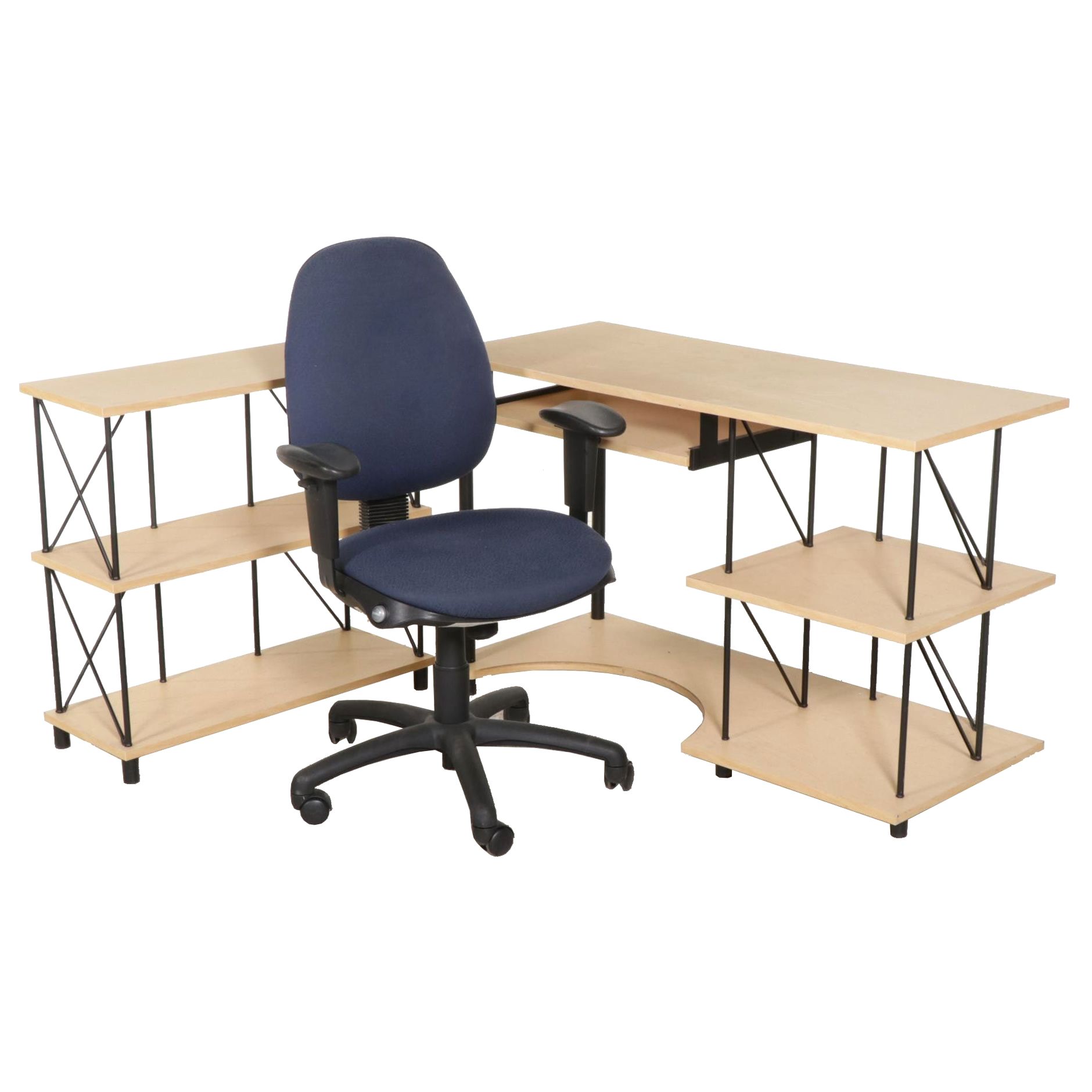 Wood Laminate and Metal Rod Computer Desk with Shelving and Chair | EBTH