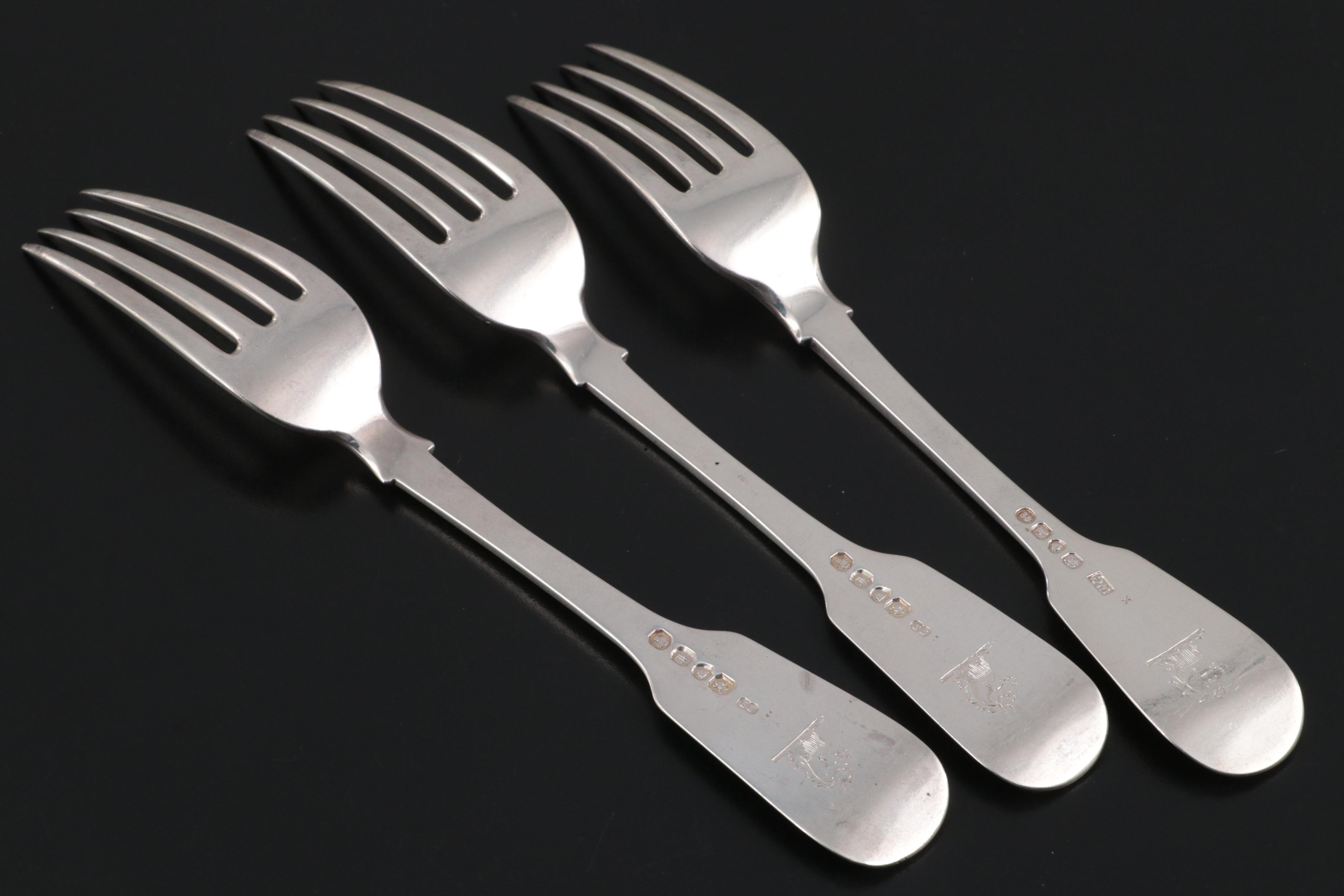 English Sterling Silver Fiddle Handle Dinner Forks, Early to Mid-19th ...