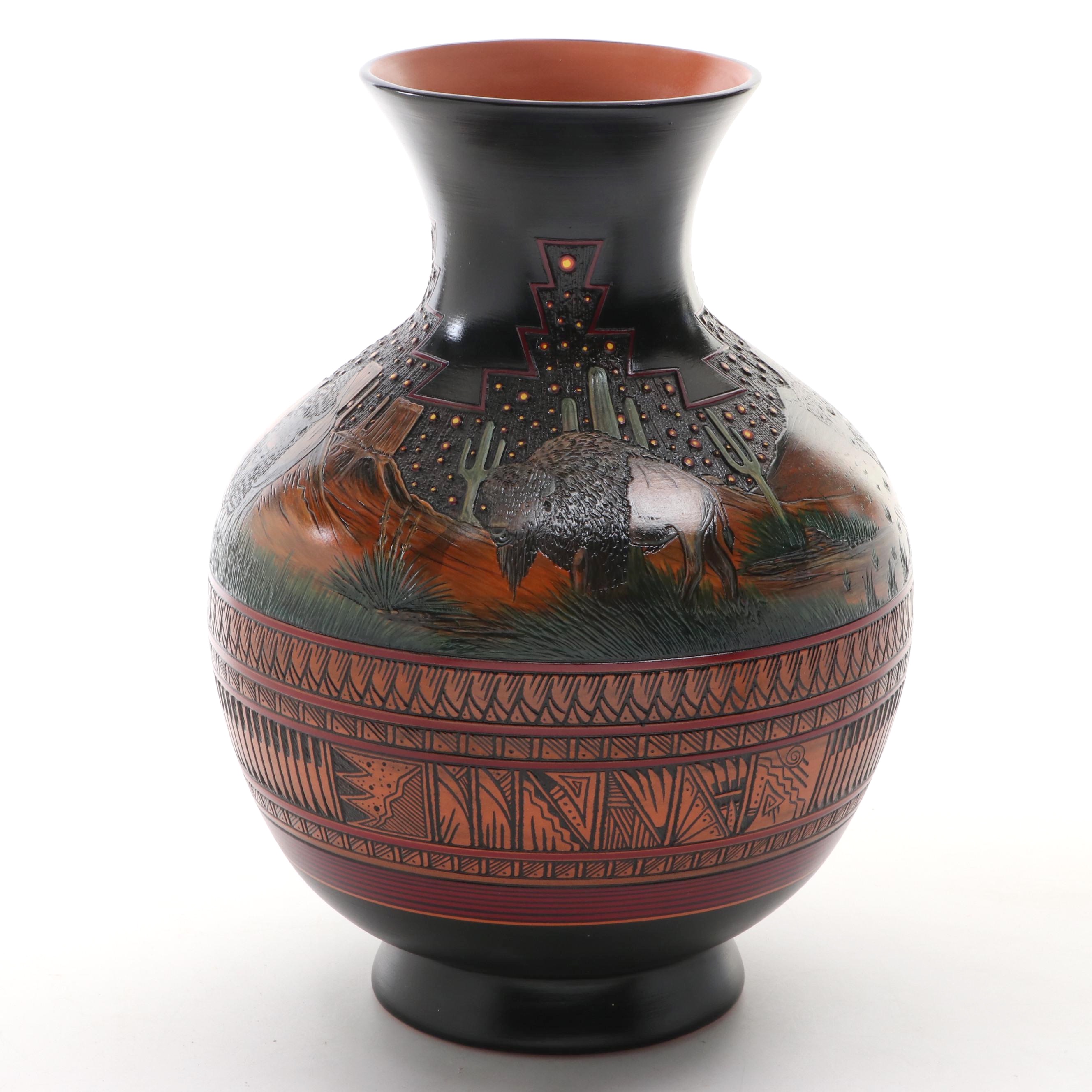 Signed Paul Lansing Navajo Diné Hand-Painted Sgraffito Pottery Buffalo ...