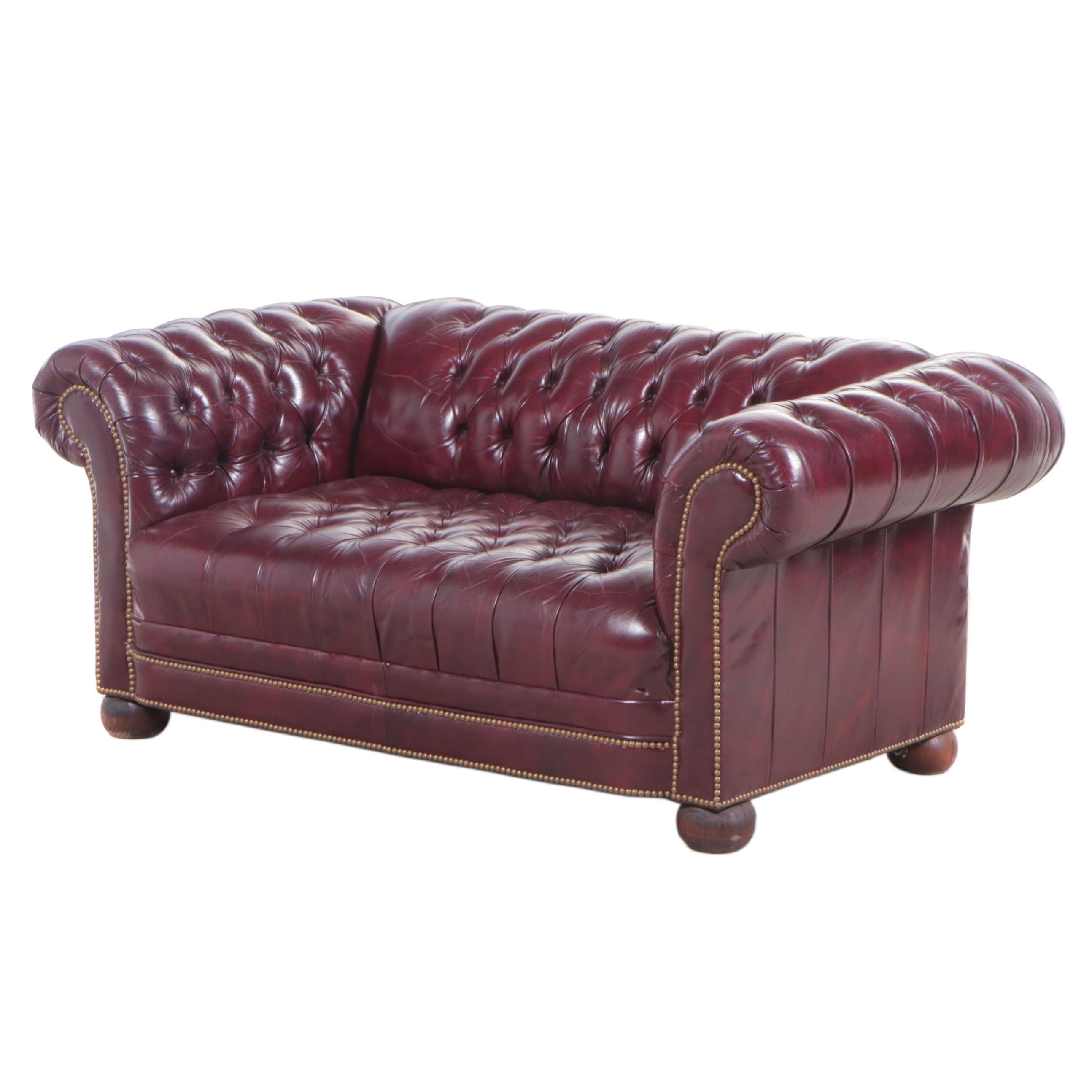 Janess Furniture Burgundy Leather Chesterfield Loveseat with Nailhead ...