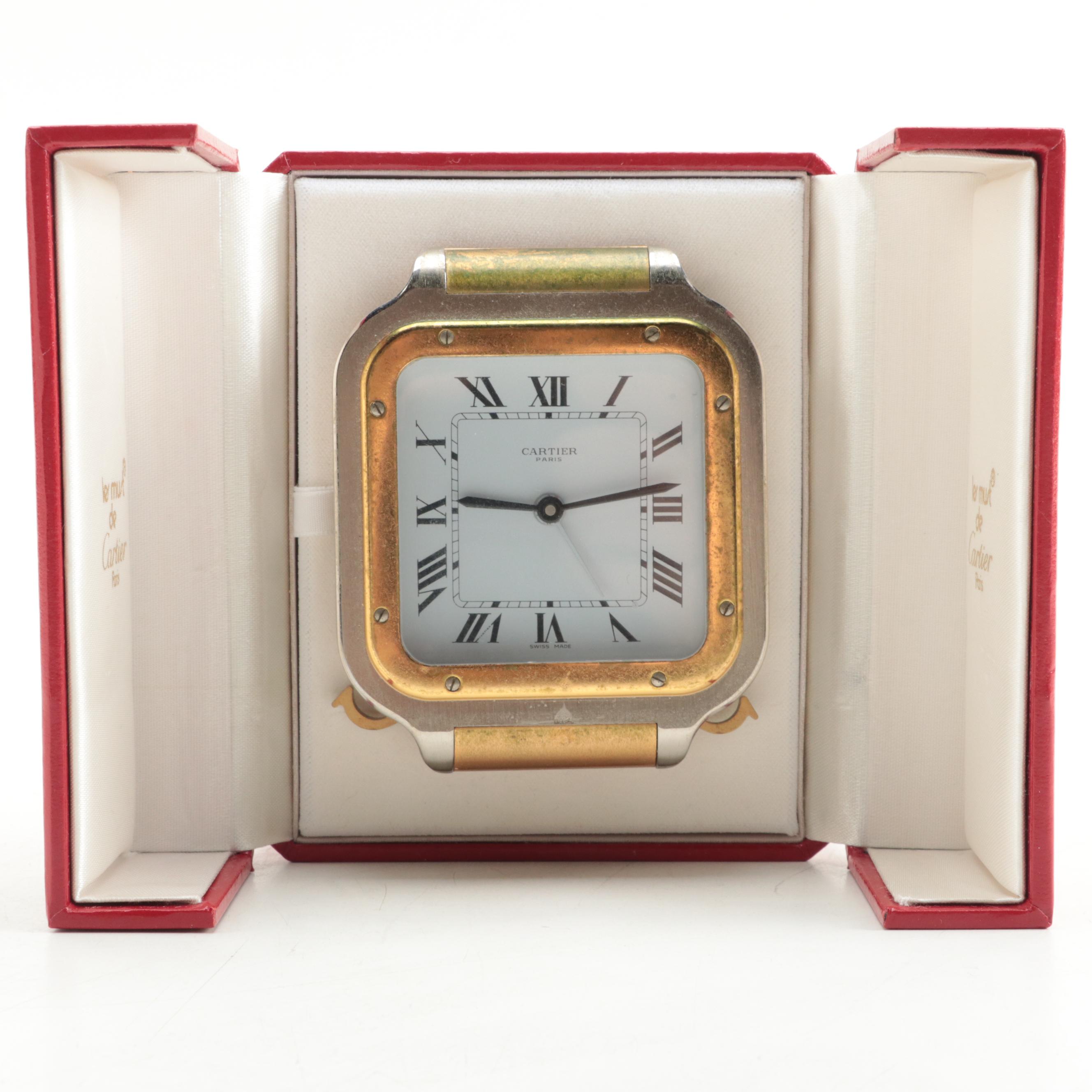 Must de Cartier Santos Steel Gold Quartz Alarm Clock | EBTH