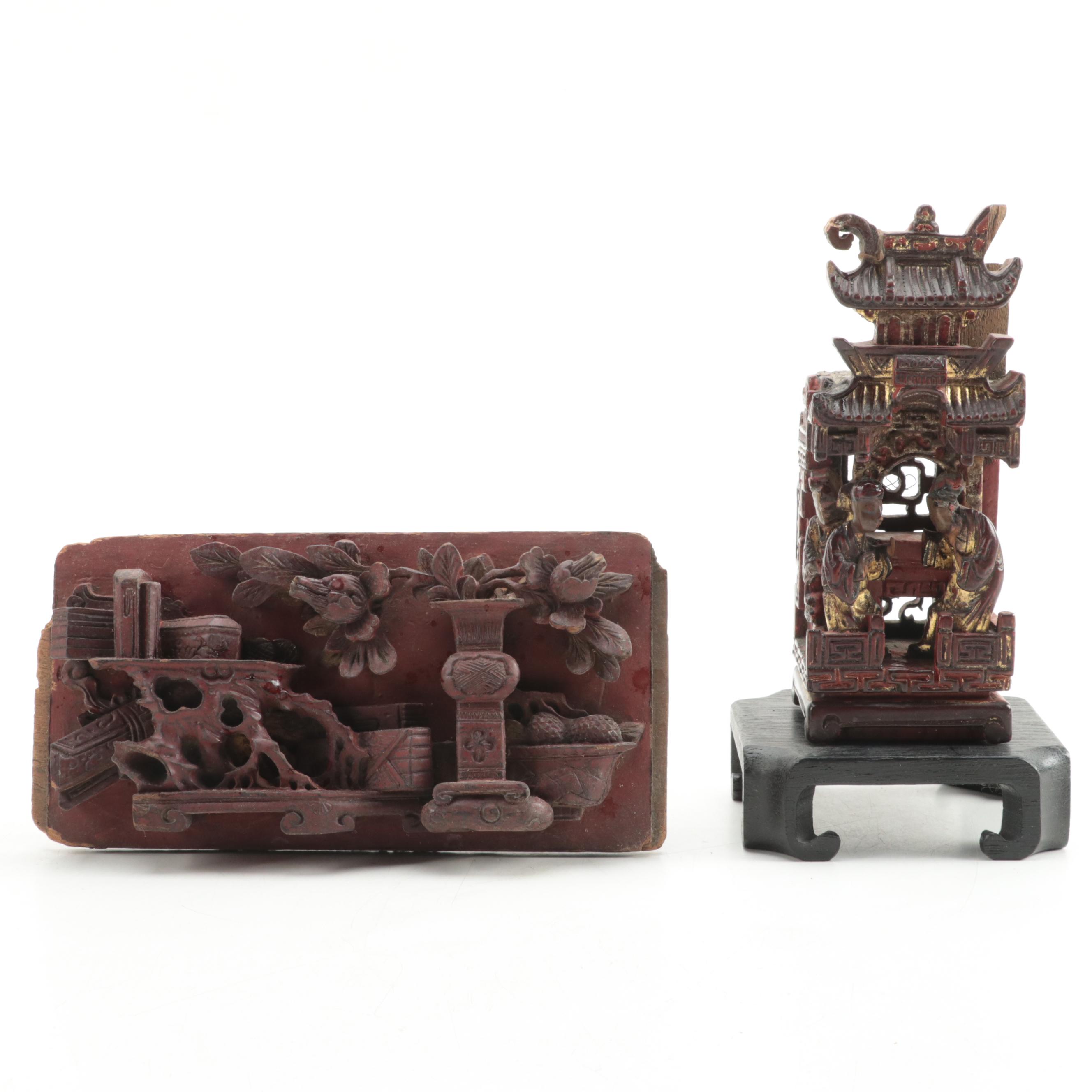 Chinese Relief Carved Wood Wall Hanging and Polychrome Temple Figure | EBTH