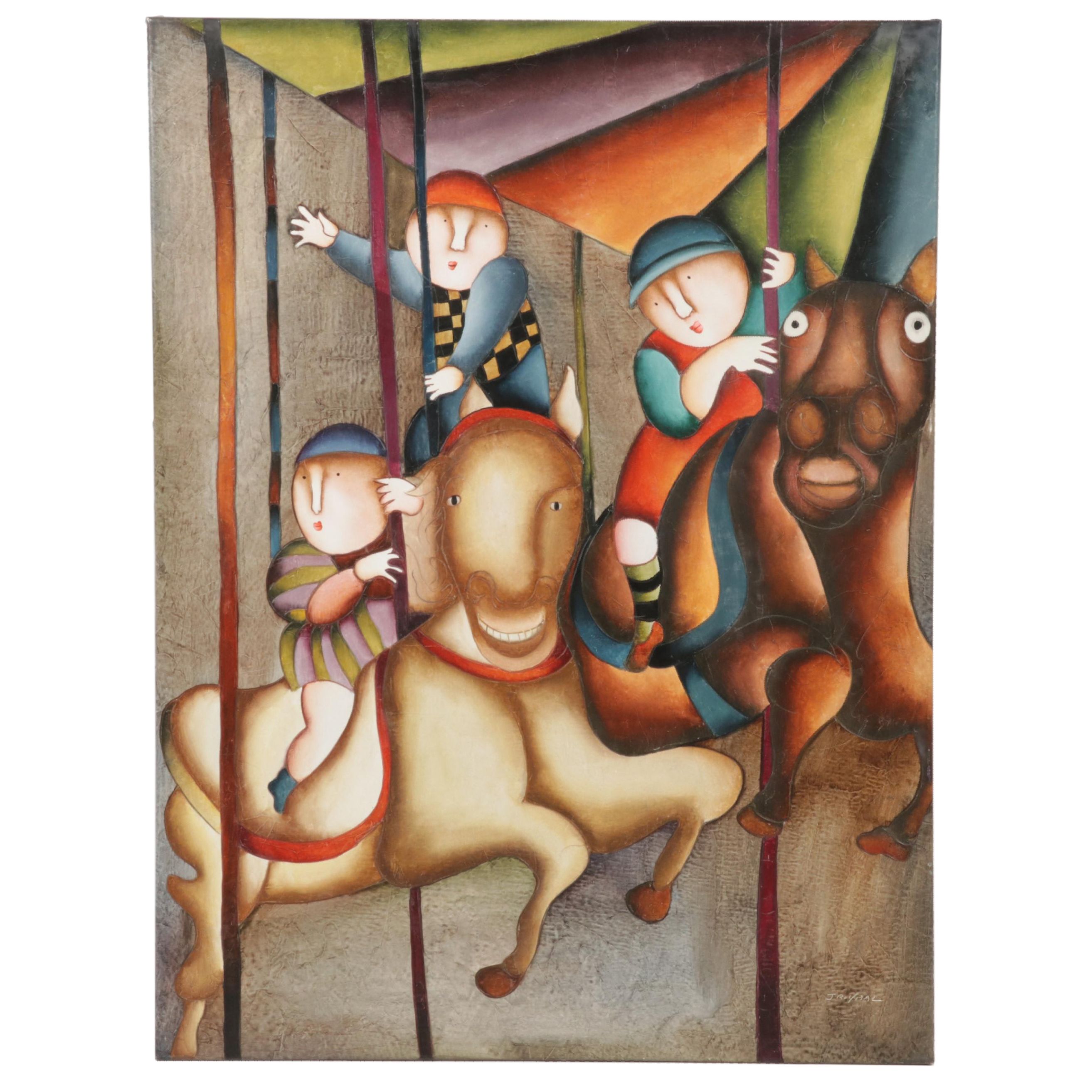 J. Roybal School Acrylic Painting of Children on Carousel, 21st Century ...